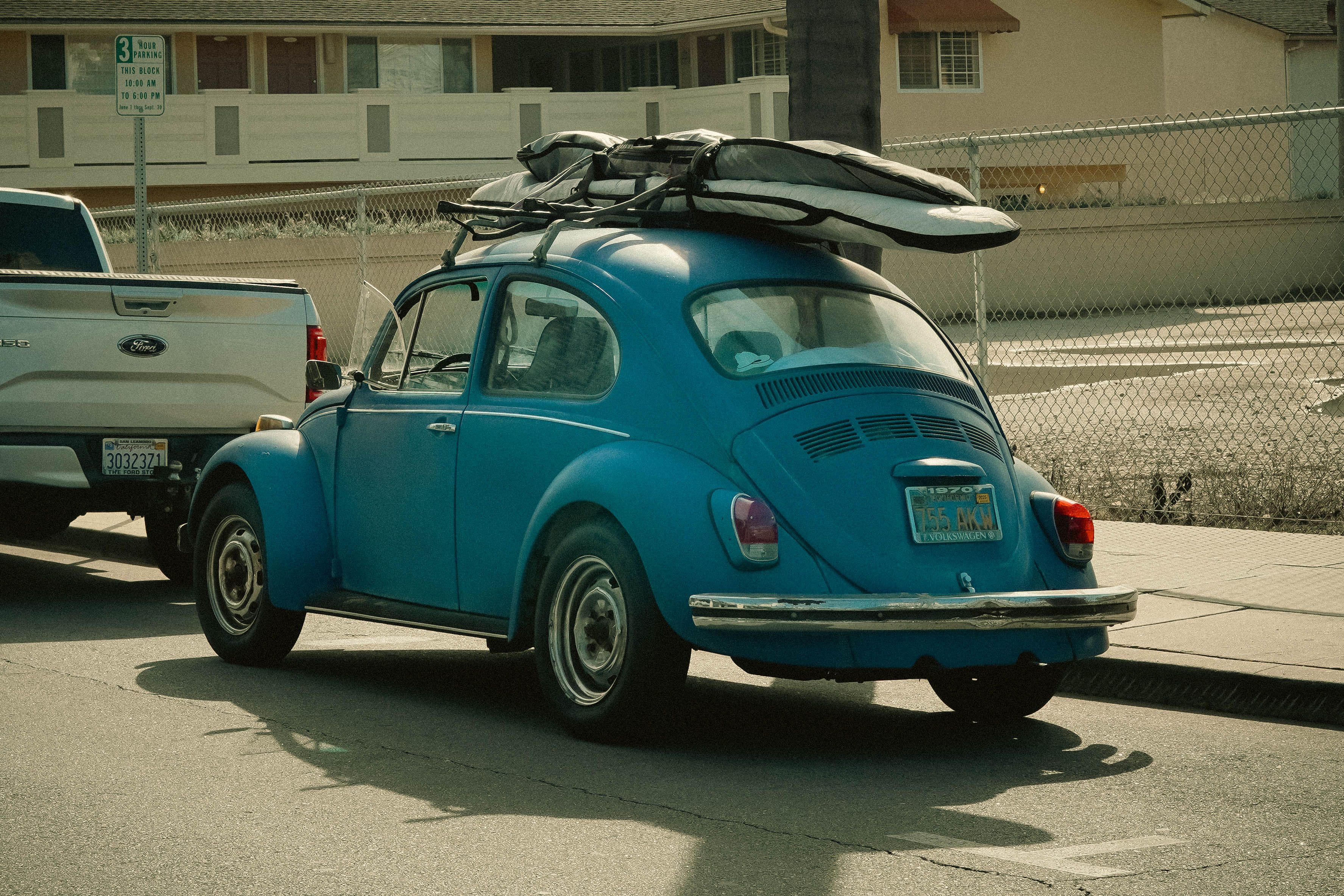 Retro Blue VW Beetle Parked by the Beach · Free Stock Photo