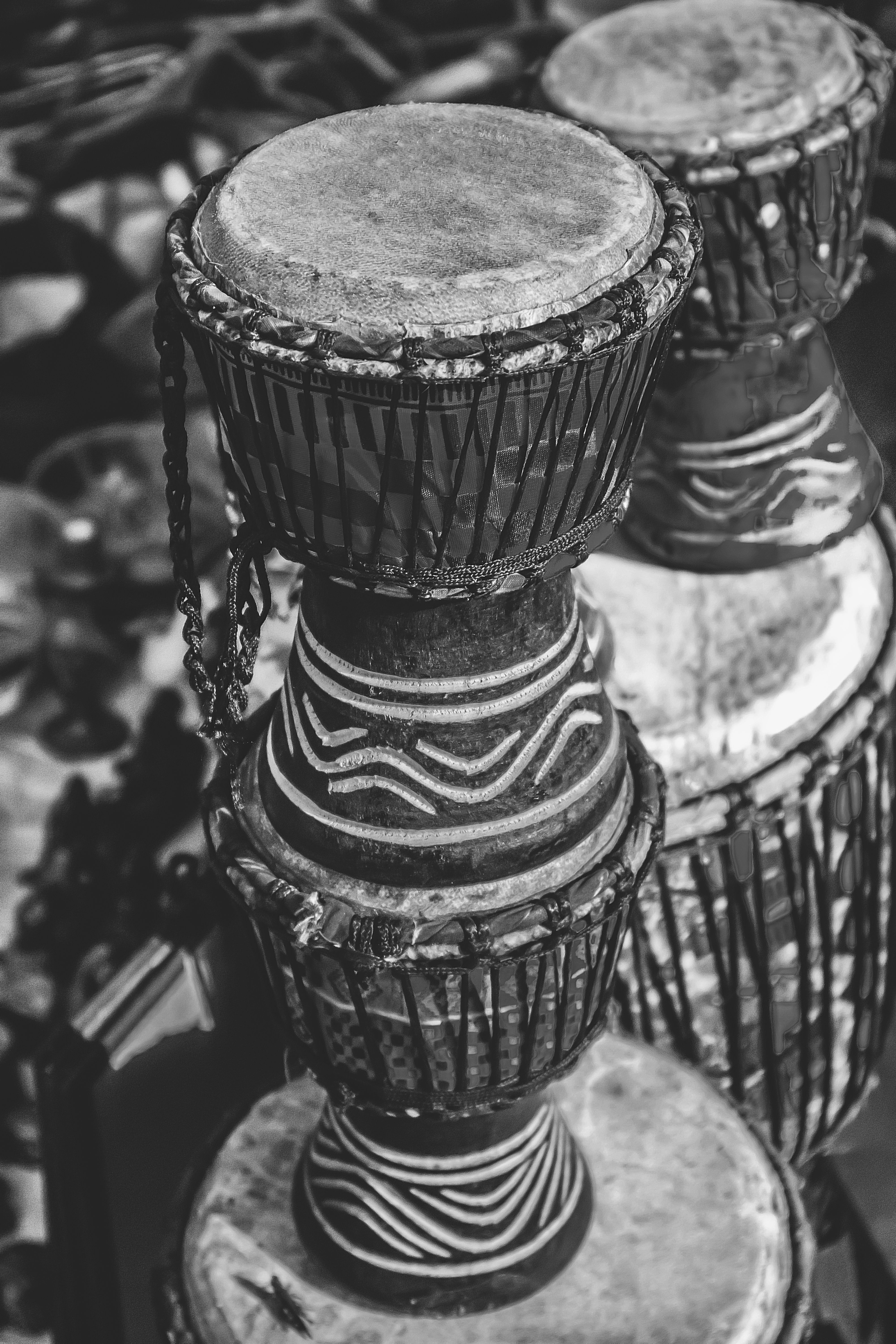 Traditional African Djembe Drums in Black and White · Free Stock Photo
