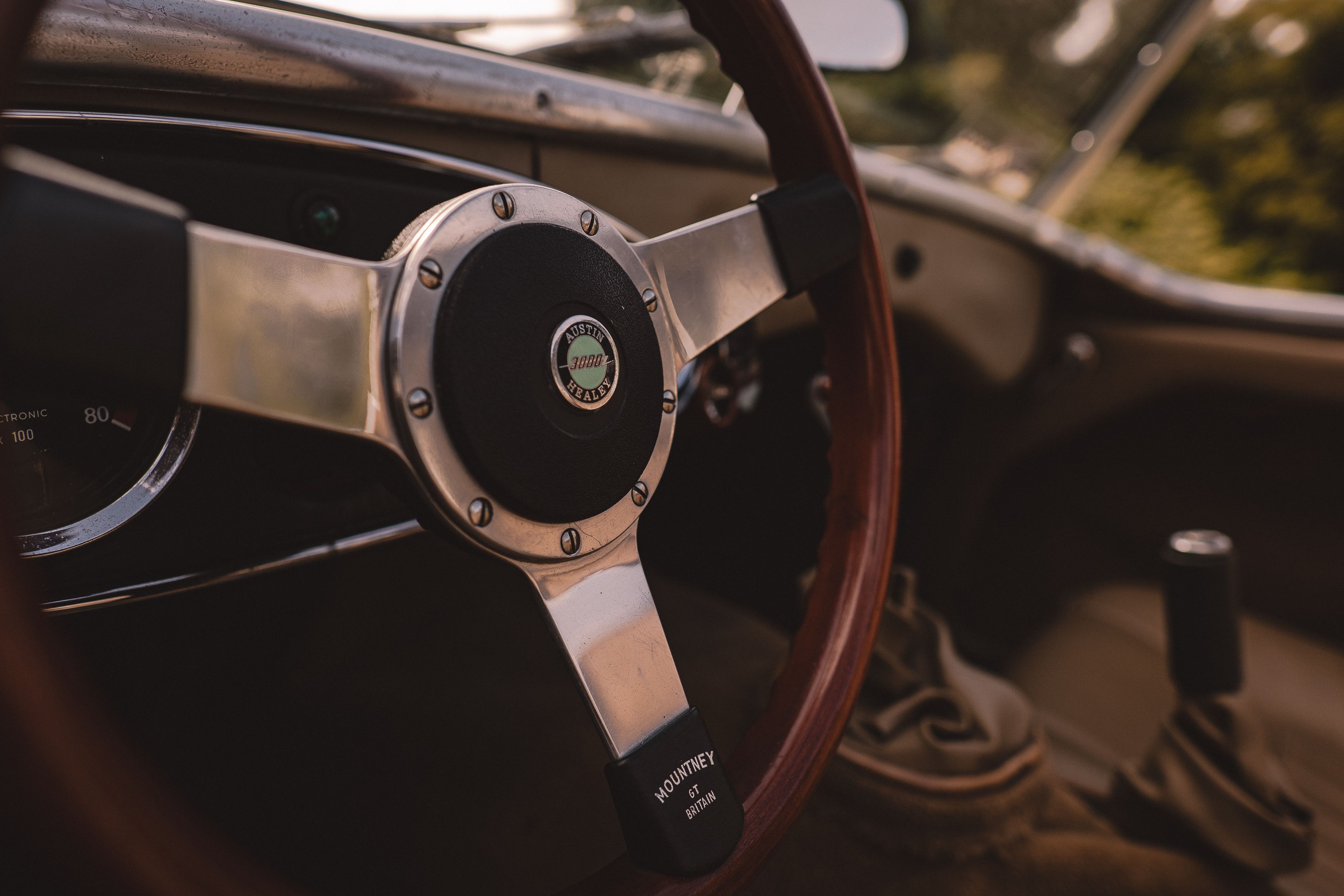 Classic Austin Healey Interior with Wood Steering Wheel · Free Stock Photo