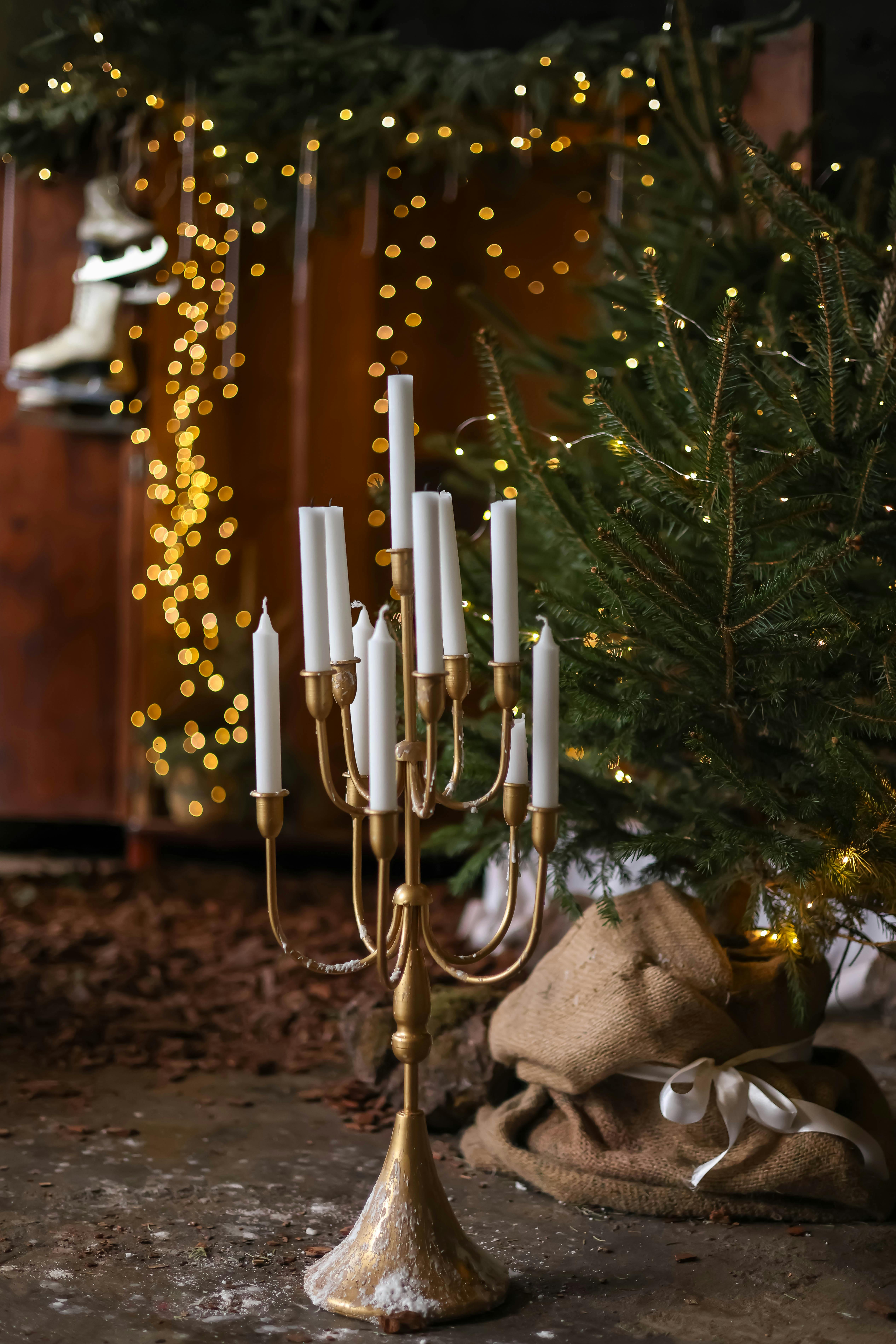 Elegant Holiday Candle Holder with Fairy Lights · Free Stock Photo