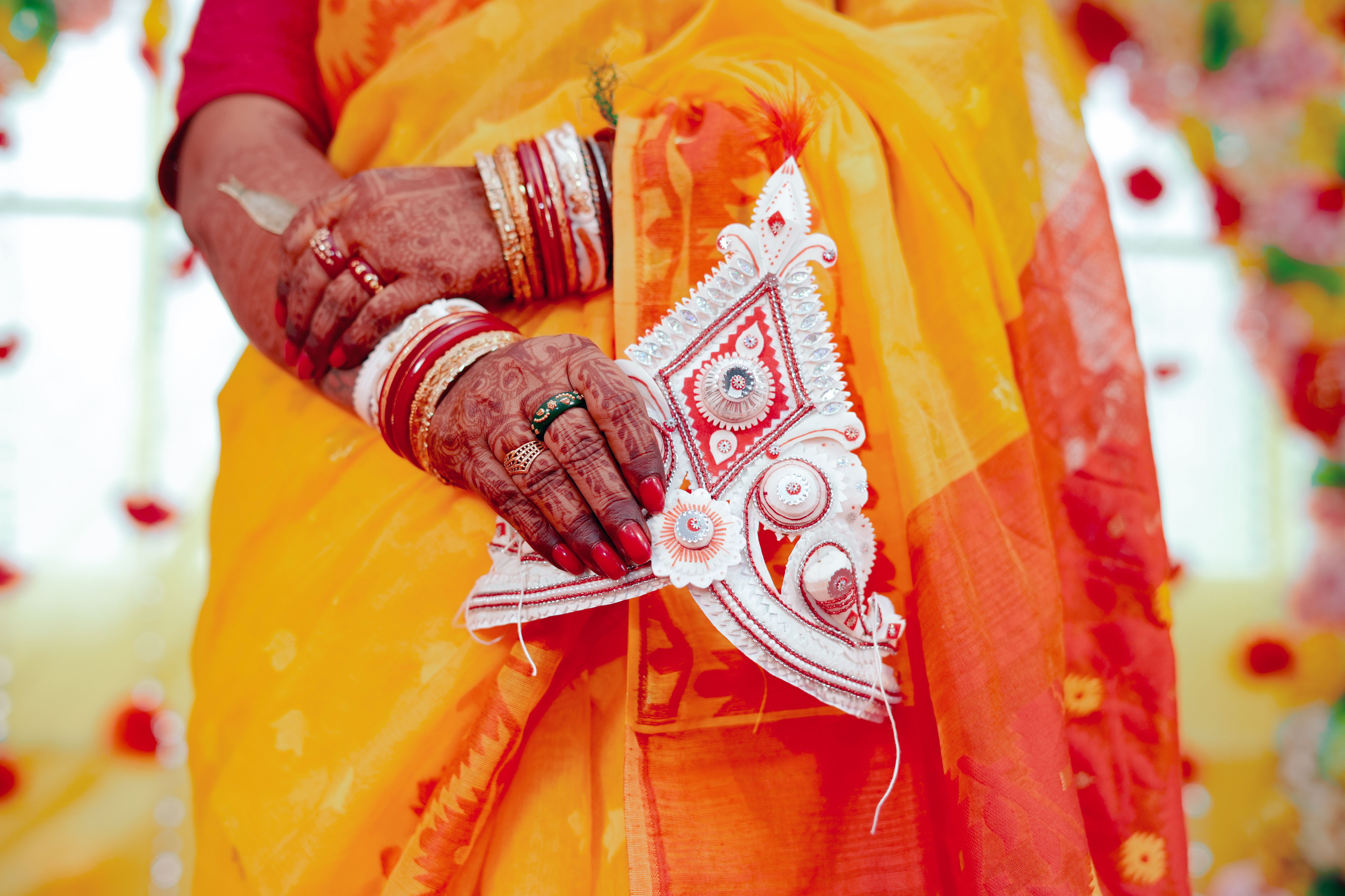 Traditional Bengali Bride with Mehendi and Saree · Free Stock Photo