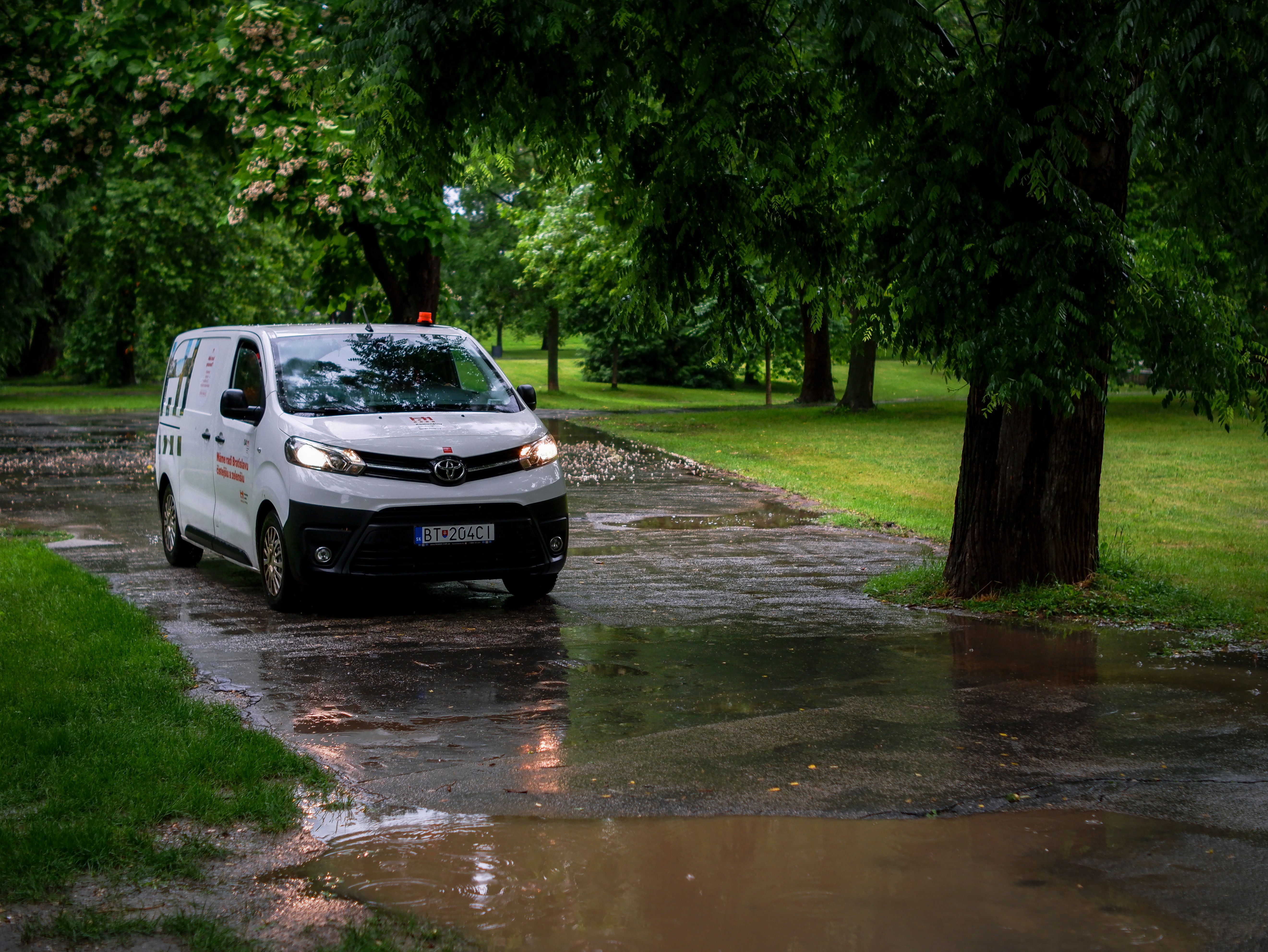 White Van on Rainy Park Road in Bratislava · Free Stock Photo