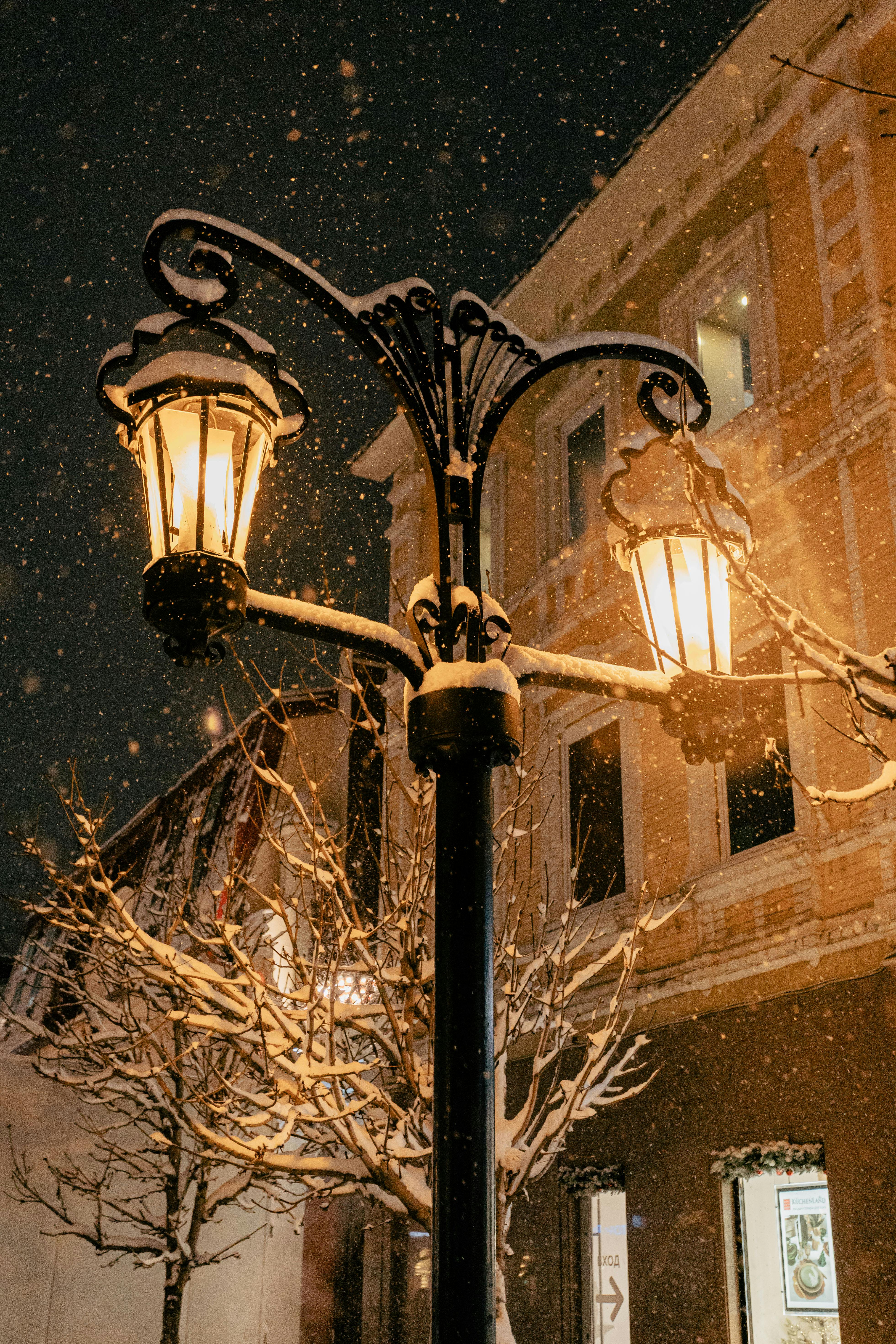 Snowy Street Lamp at Night in Winter Scene · Free Stock Photo
