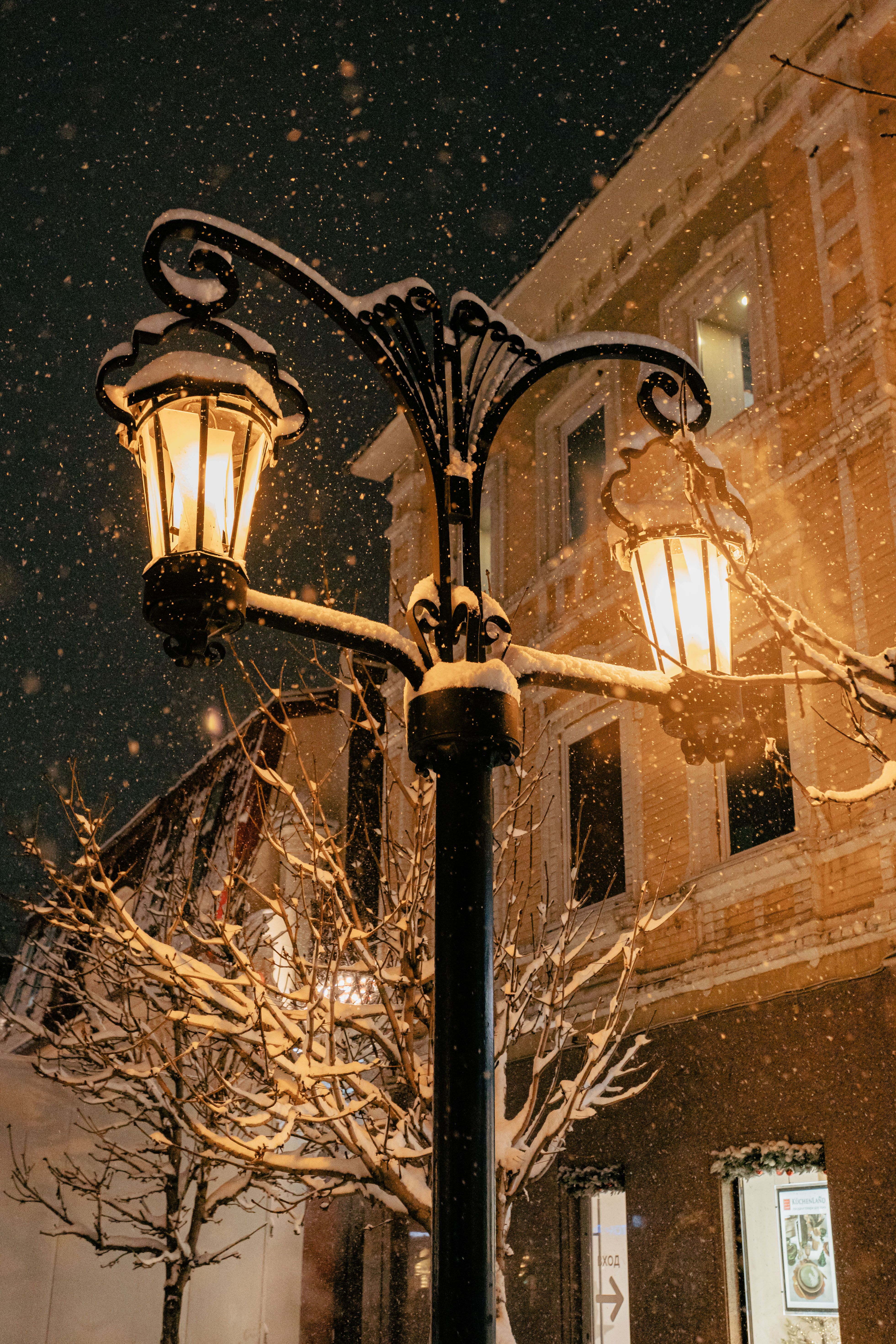 Snowy Street Lamp at Night in Winter Scene · Free Stock Photo