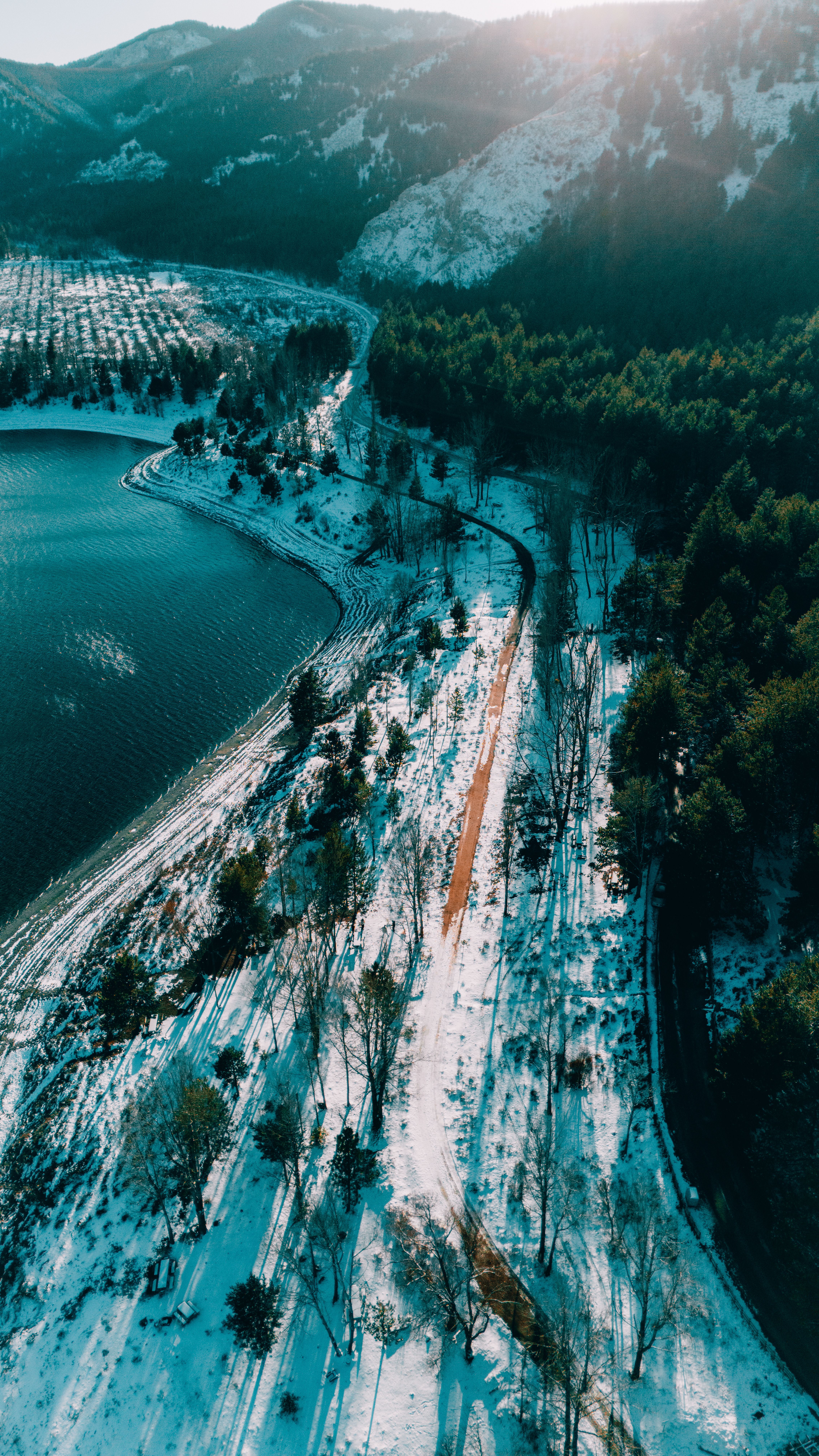 Aerial View of Snowy Forest and Lake Landscape · Free Stock Photo