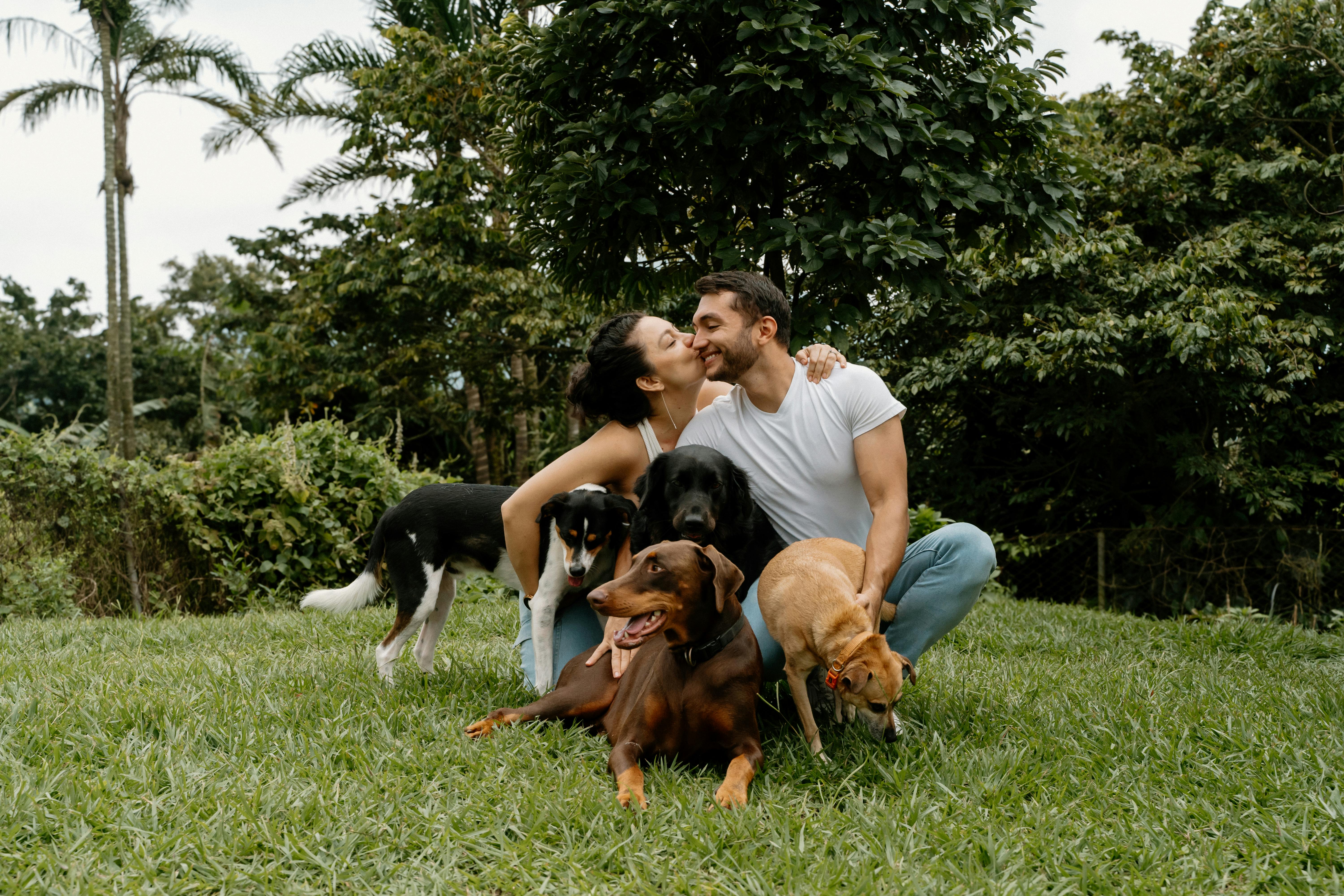Couple Embracing with Dogs in Costa Rican Garden · Free Stock Photo