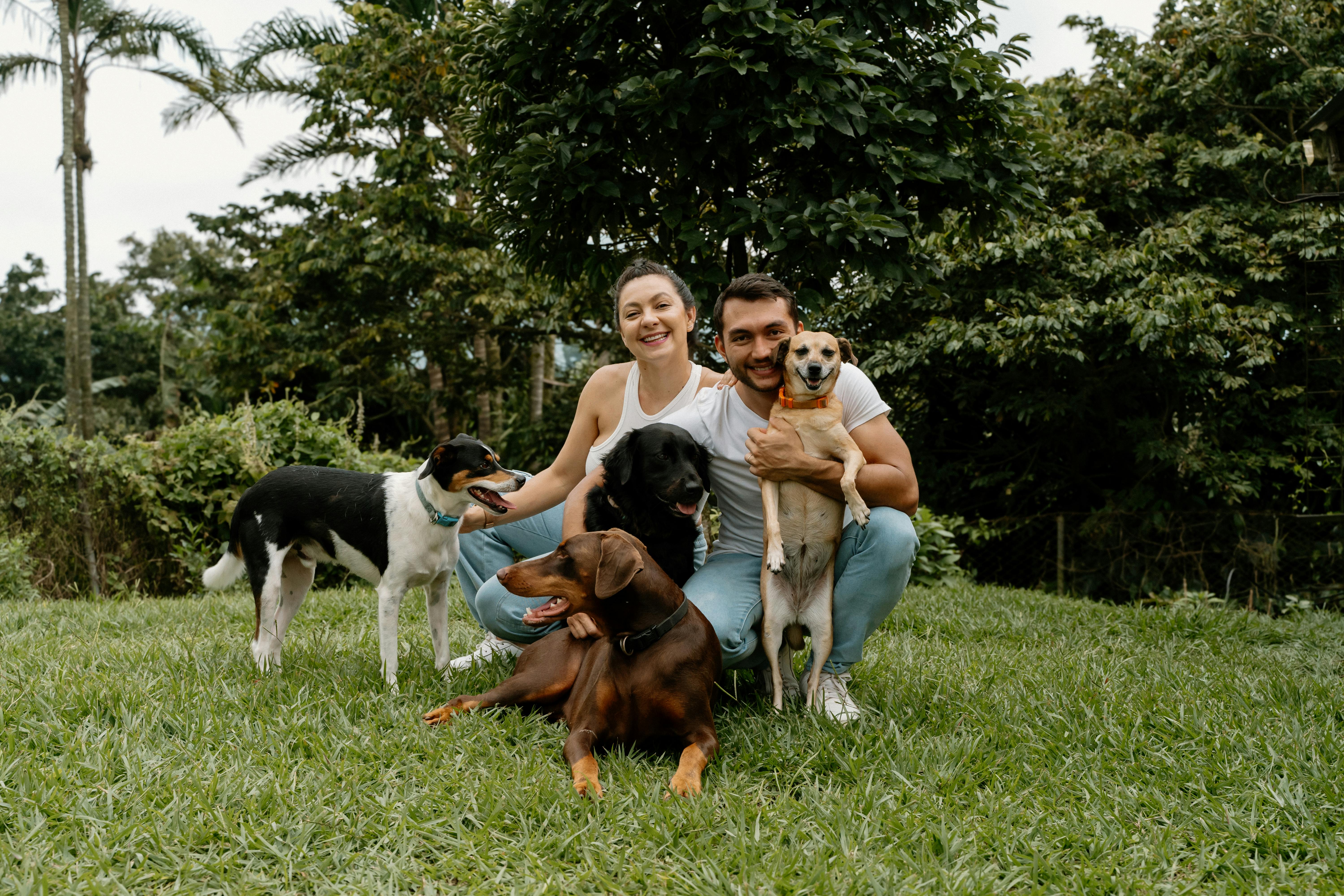 Happy Couple with Dogs in Costa Rican Garden · Free Stock Photo