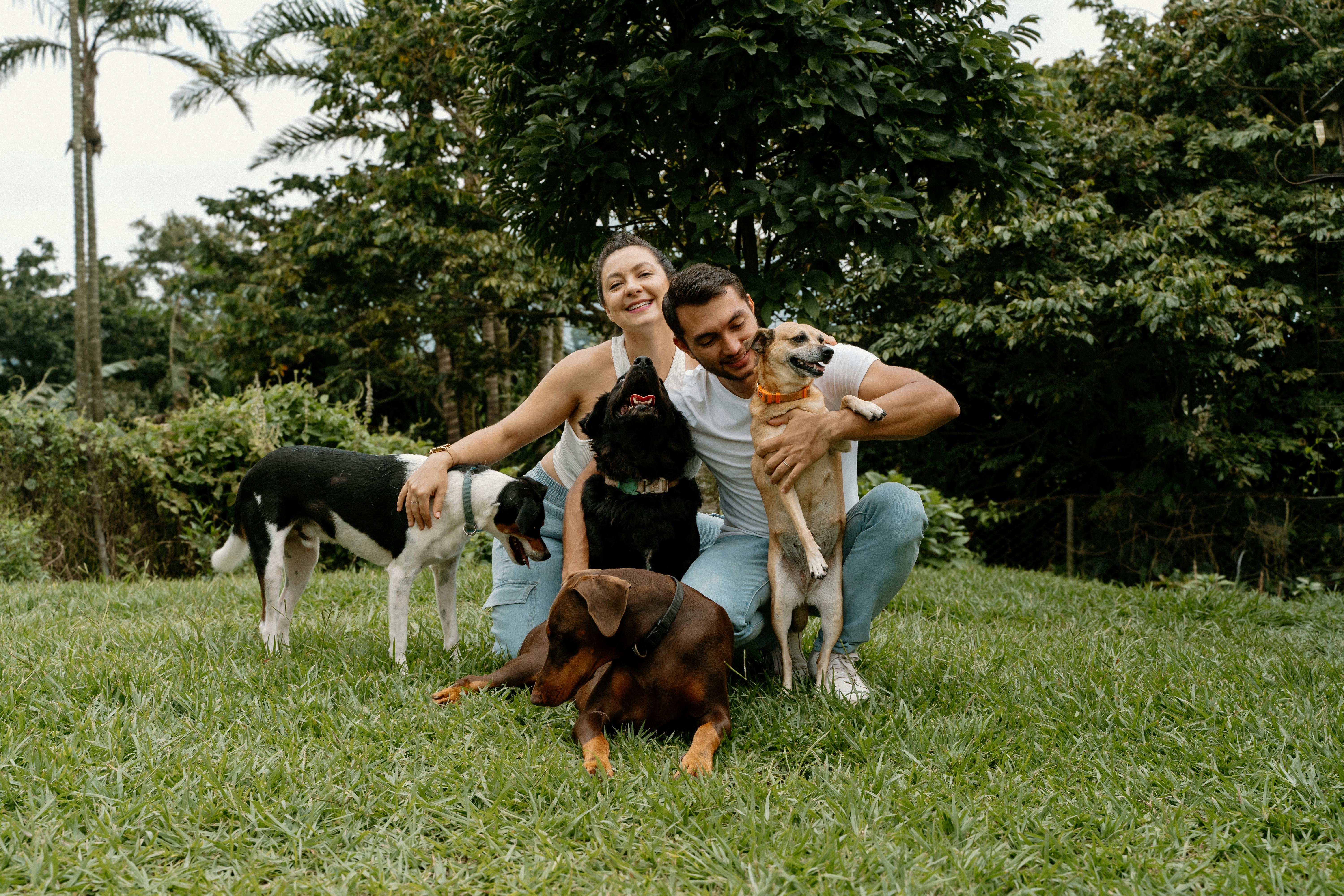 Happy Couple with Dogs in Costa Rican Garden · Free Stock Photo