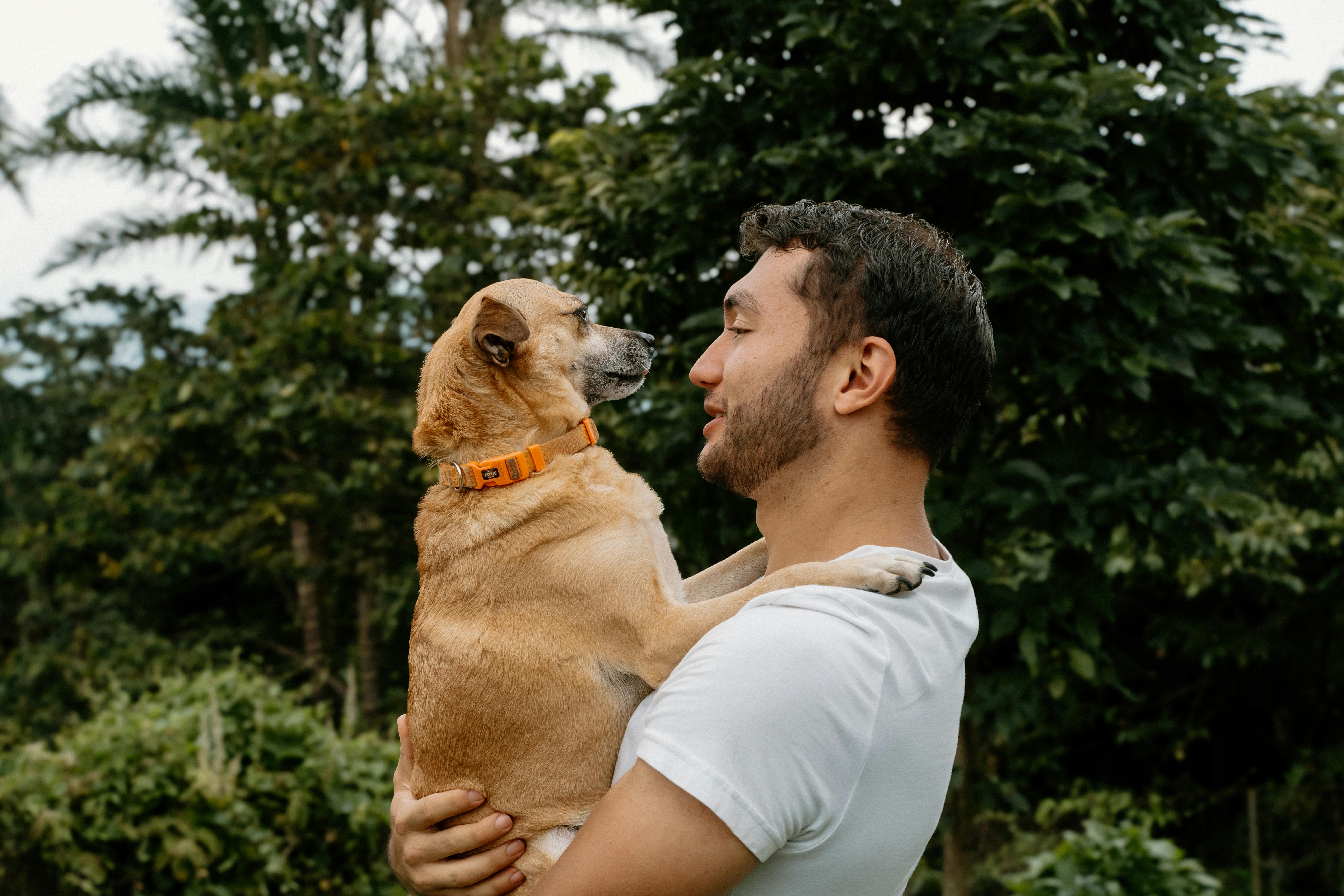 Man Embraces Dog in Lush Costa Rican Landscape · Free Stock Photo