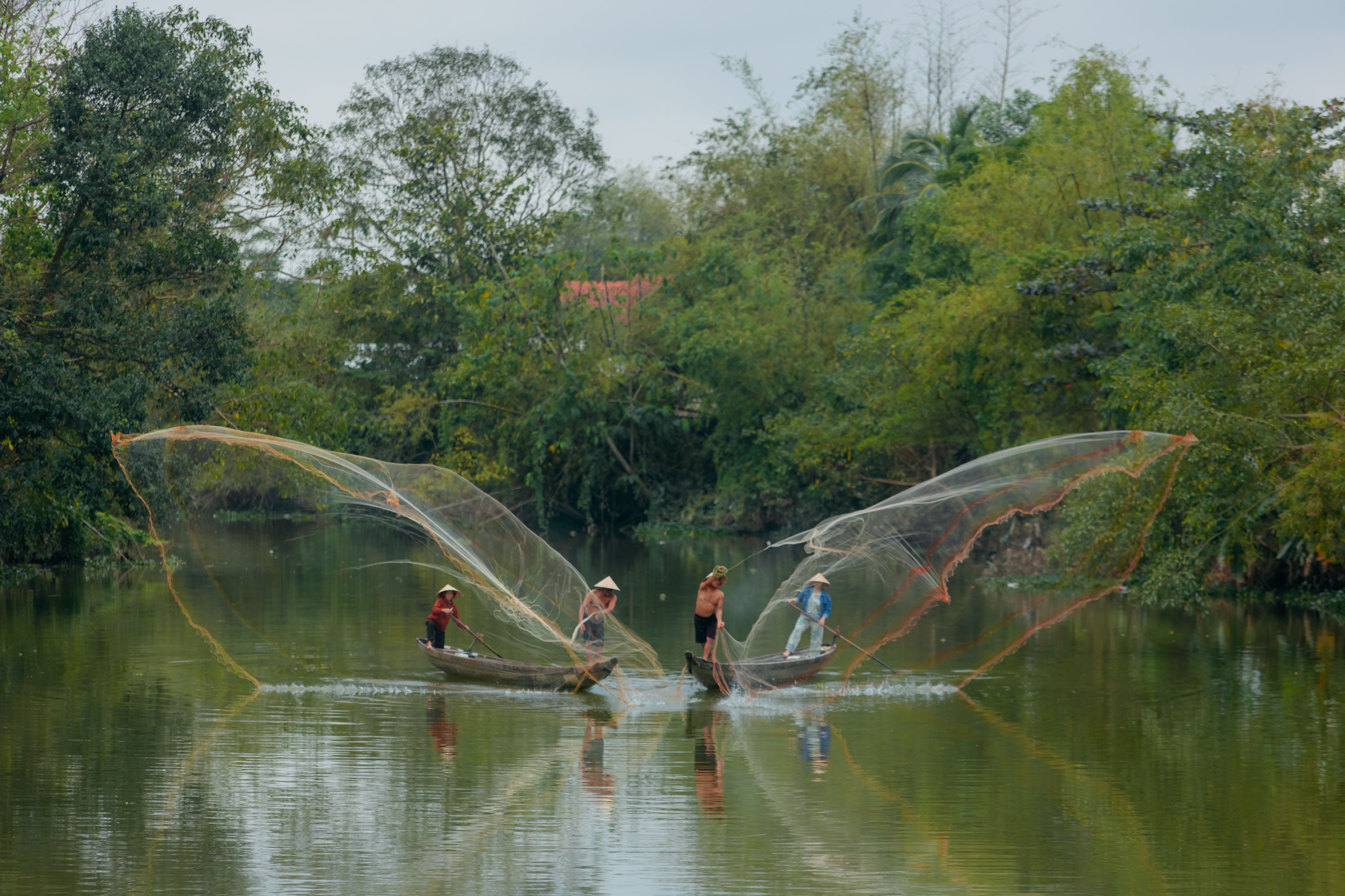 Traditional Fishing Scene on Vietnamese River · Free Stock Photo