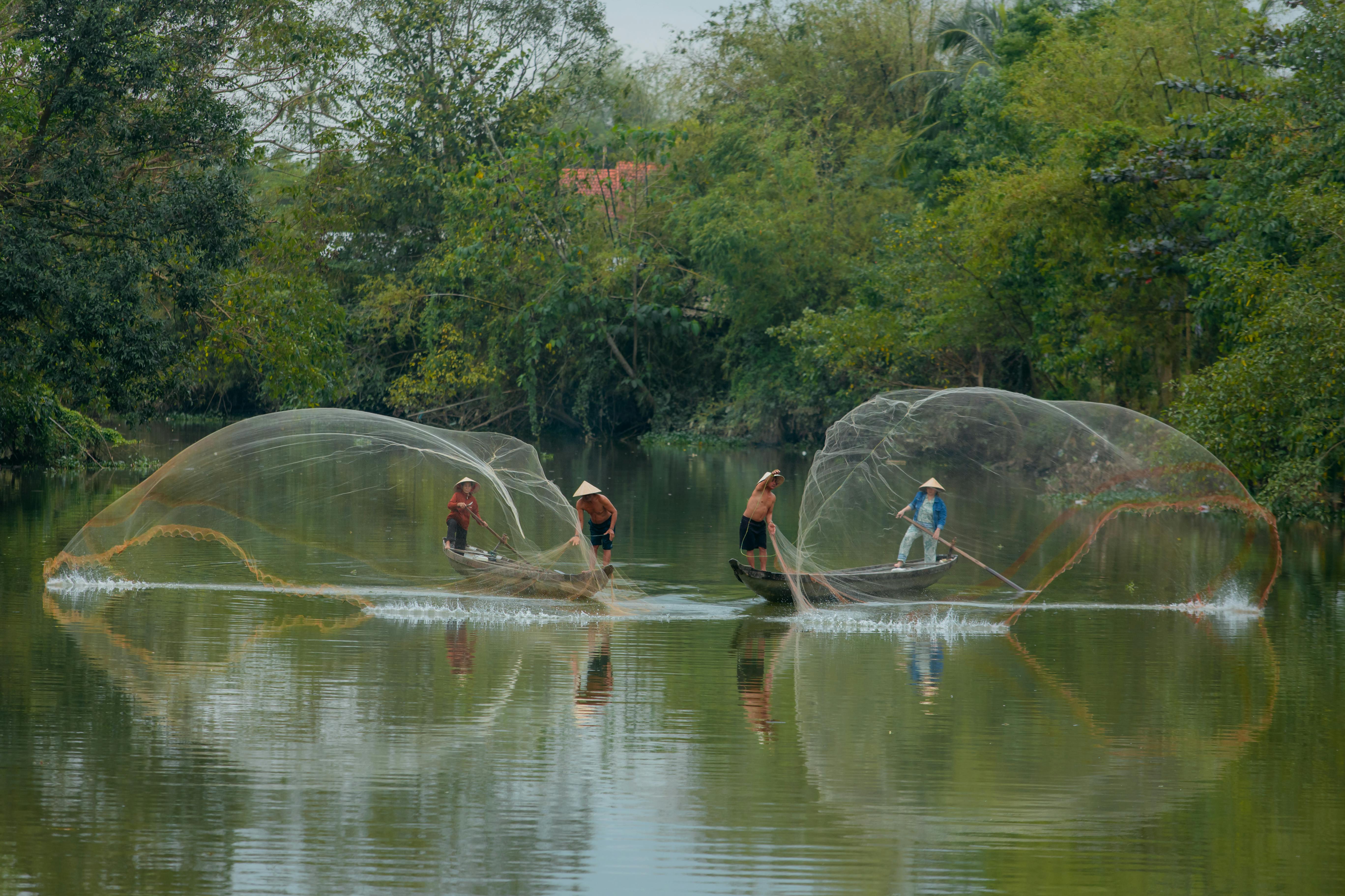 Traditional Vietnamese Fishermen Casting Nets in Huế · Free Stock Photo