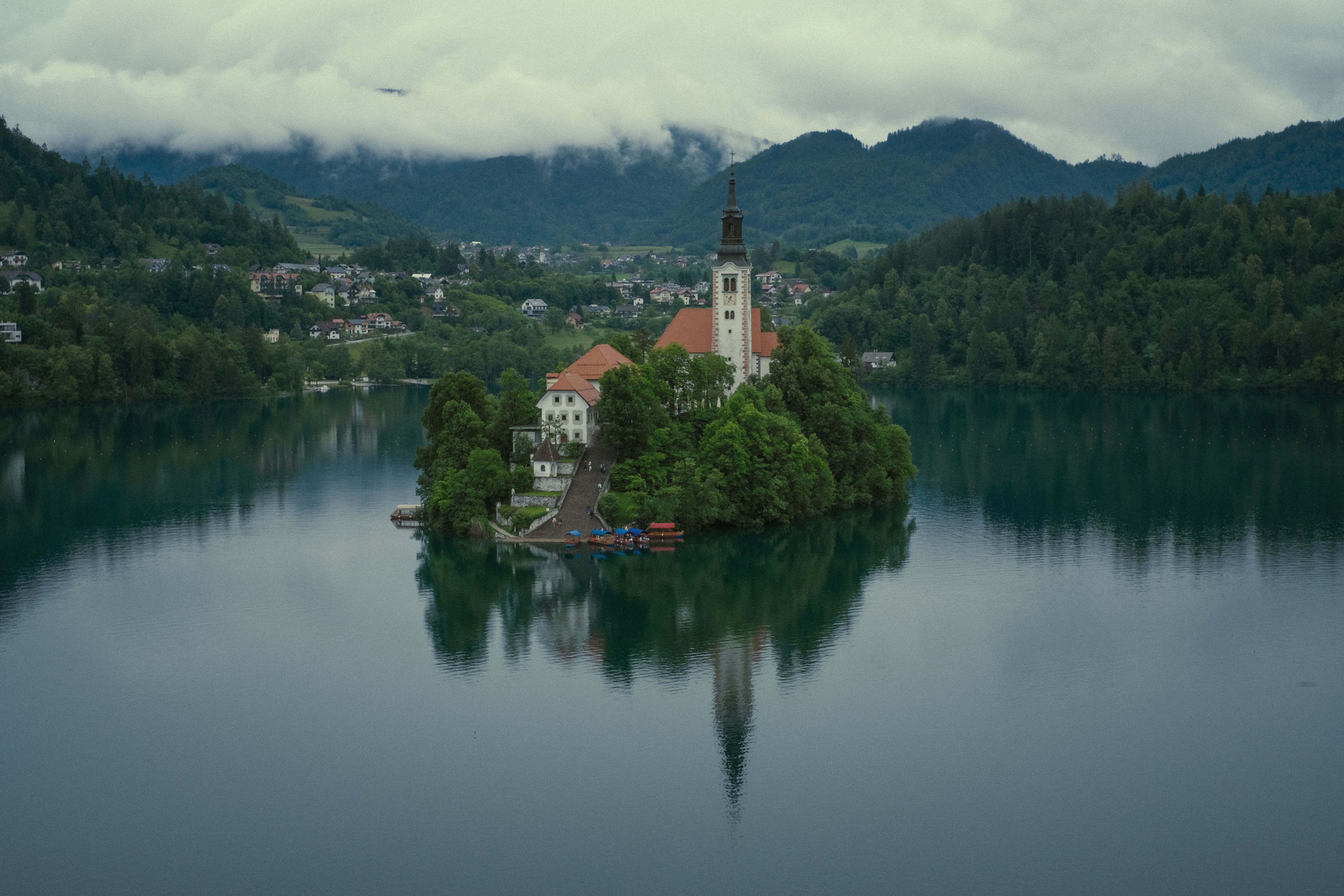 Aerial View of Lake Bled and Church in Slovenia · Free Stock Photo