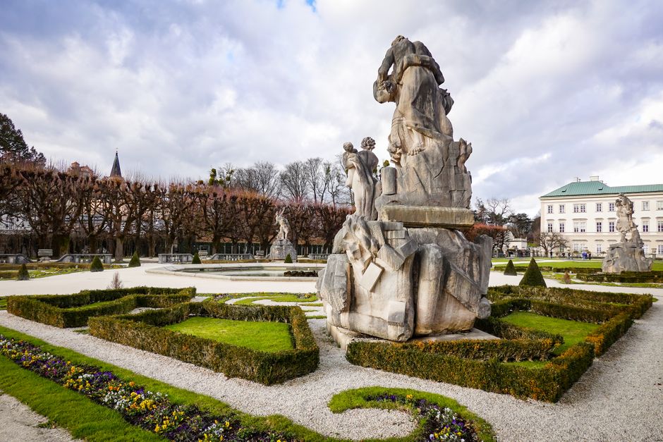 Stunning view of the Baroque gardens and statues in Salzburg, Austria.
