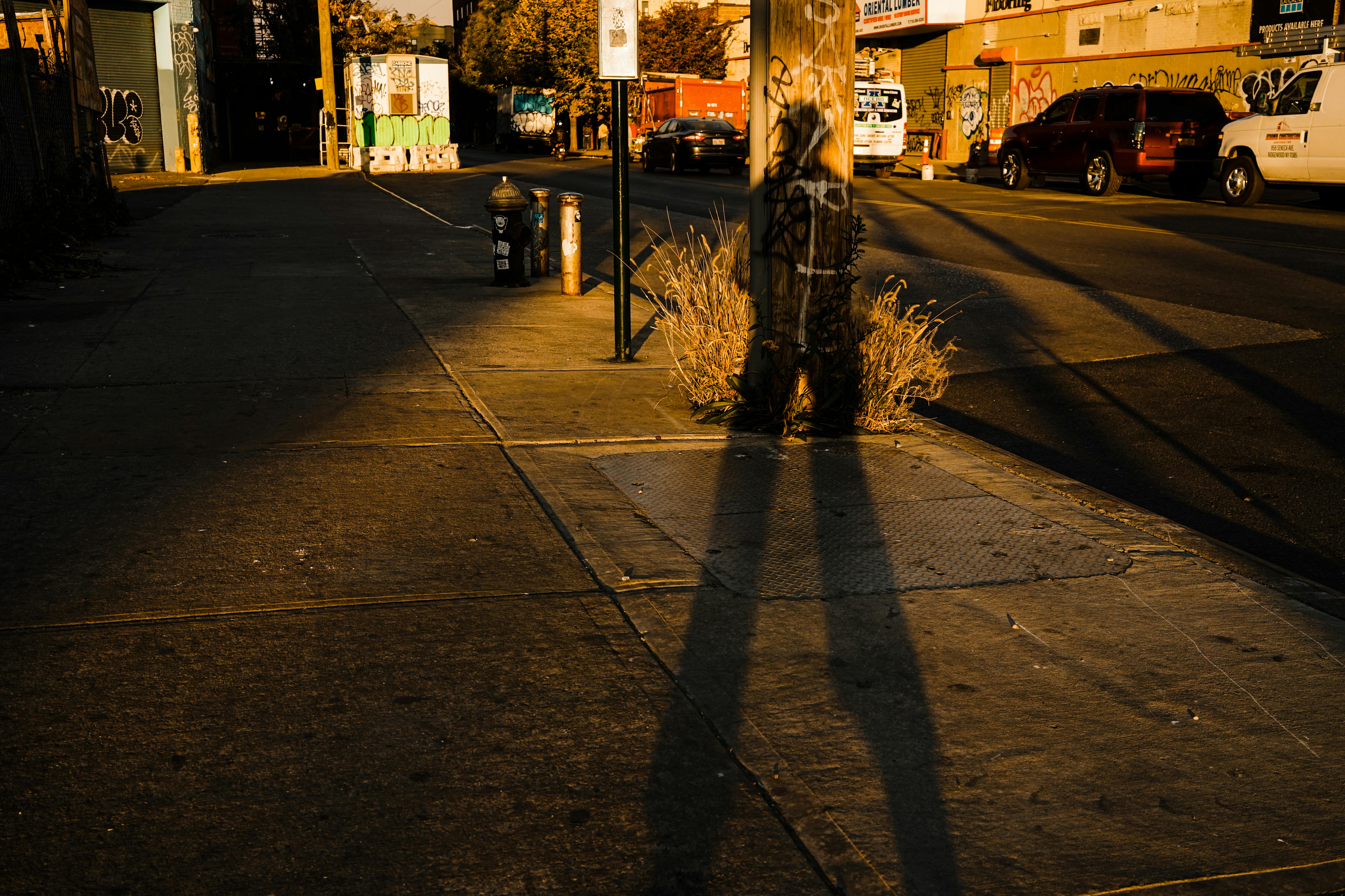 Urban street at sunset with long shadows · Free Stock Photo
