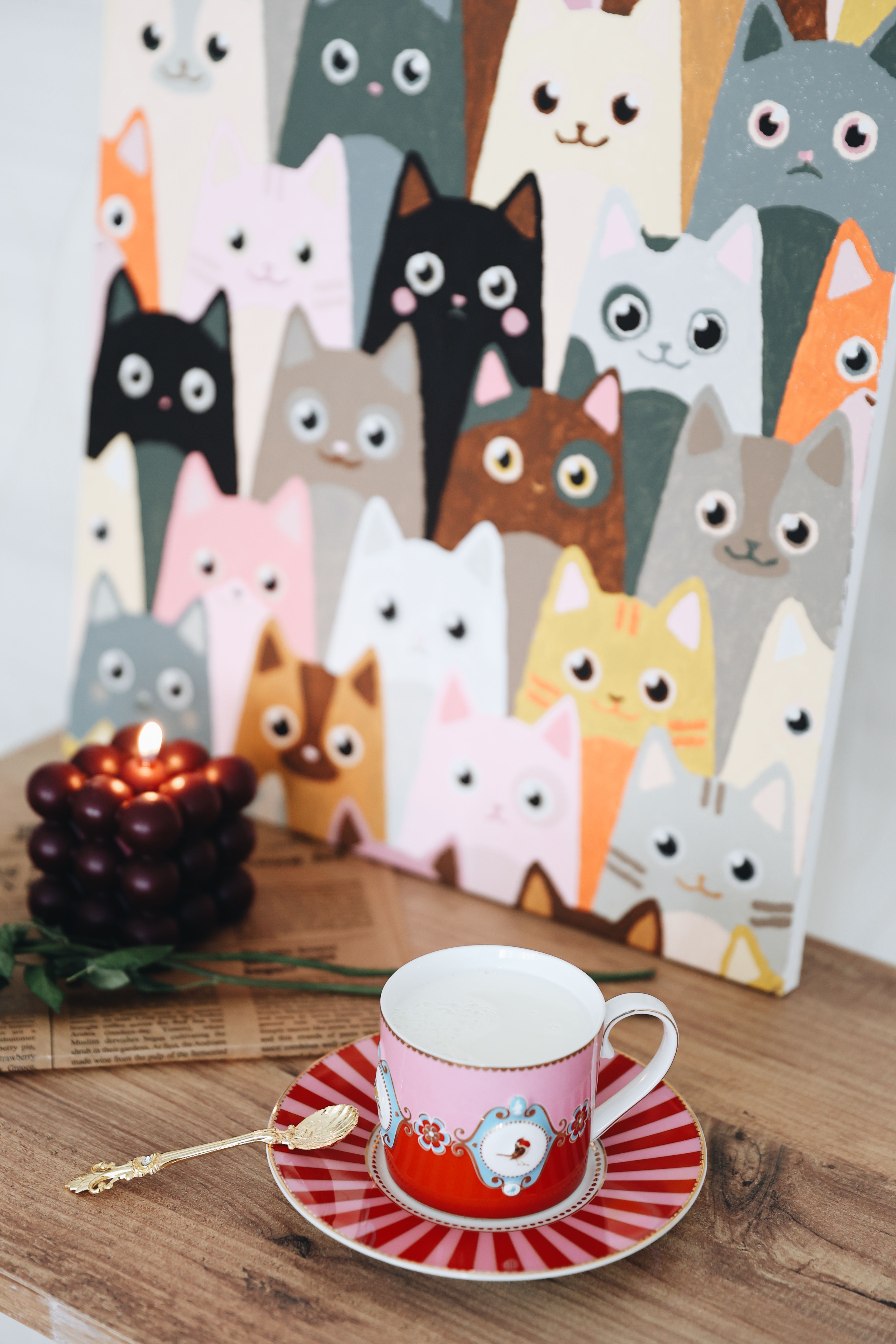 Whimsical Cat Art with Decorative Tea Cup · Free Stock Photo