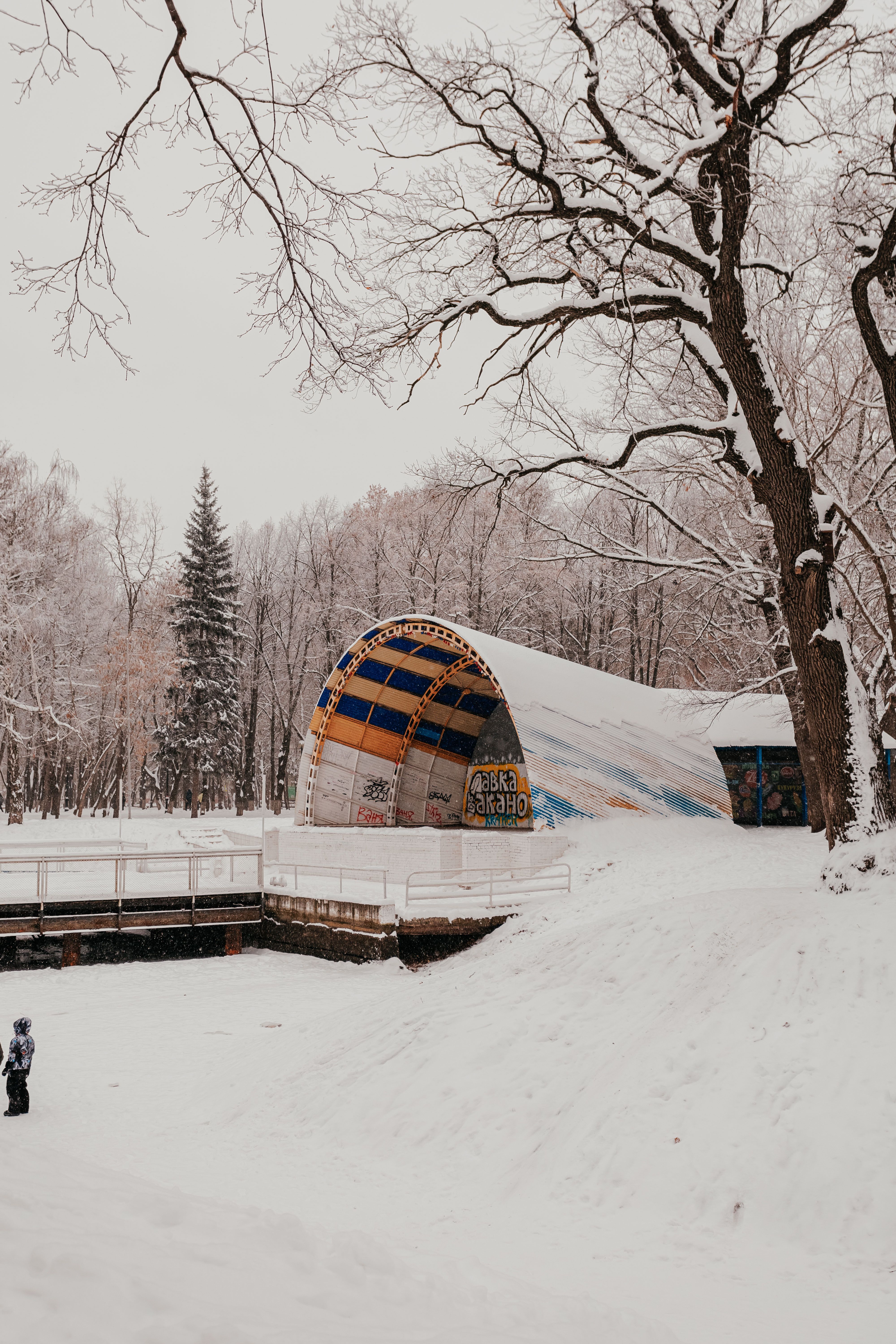 Snowy Park Scene with Stage and Trees in Winter · Free Stock Photo
