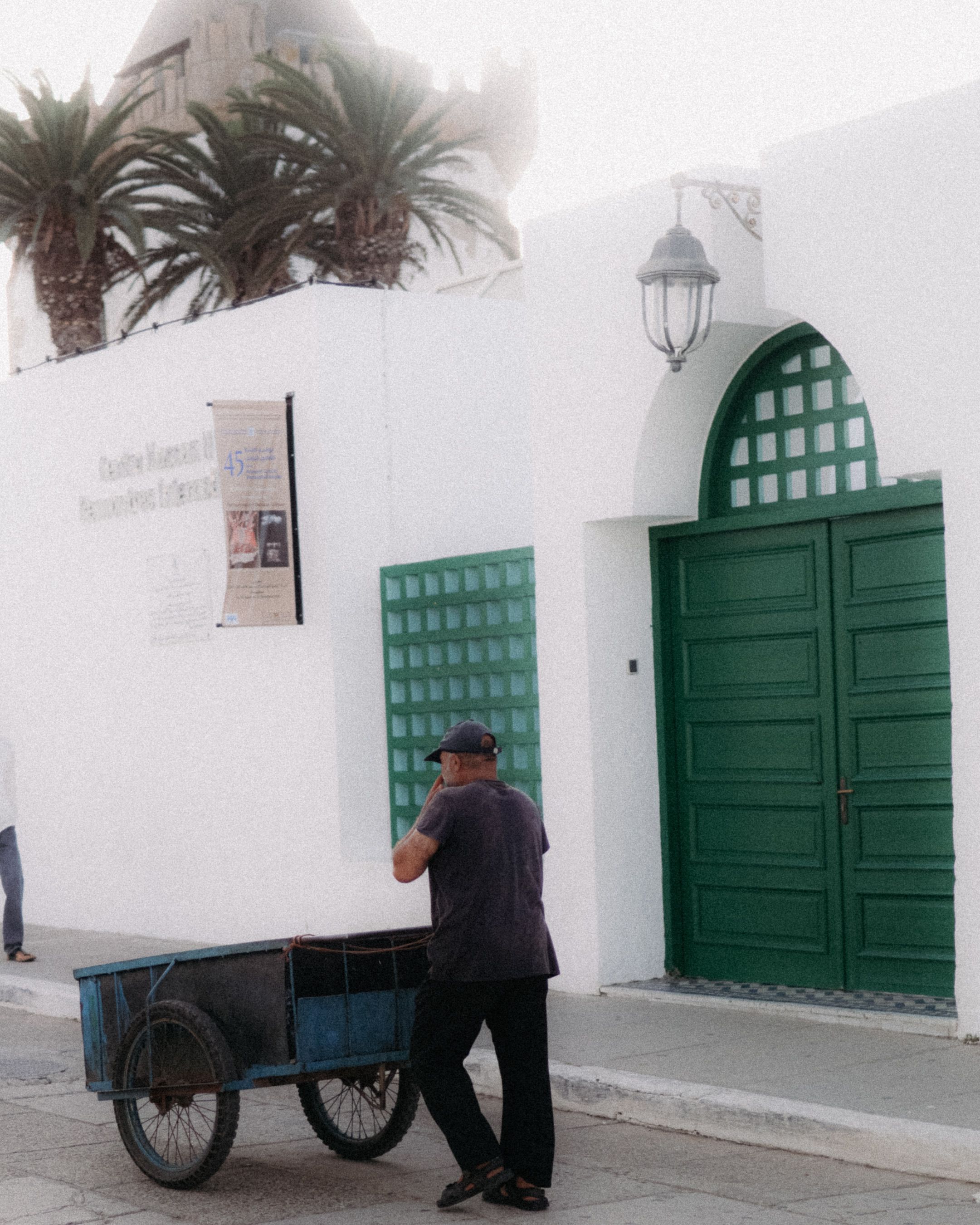 Hombre Tirando De Un Carro Cerca De Una Puerta Verde En Un Lugar ...