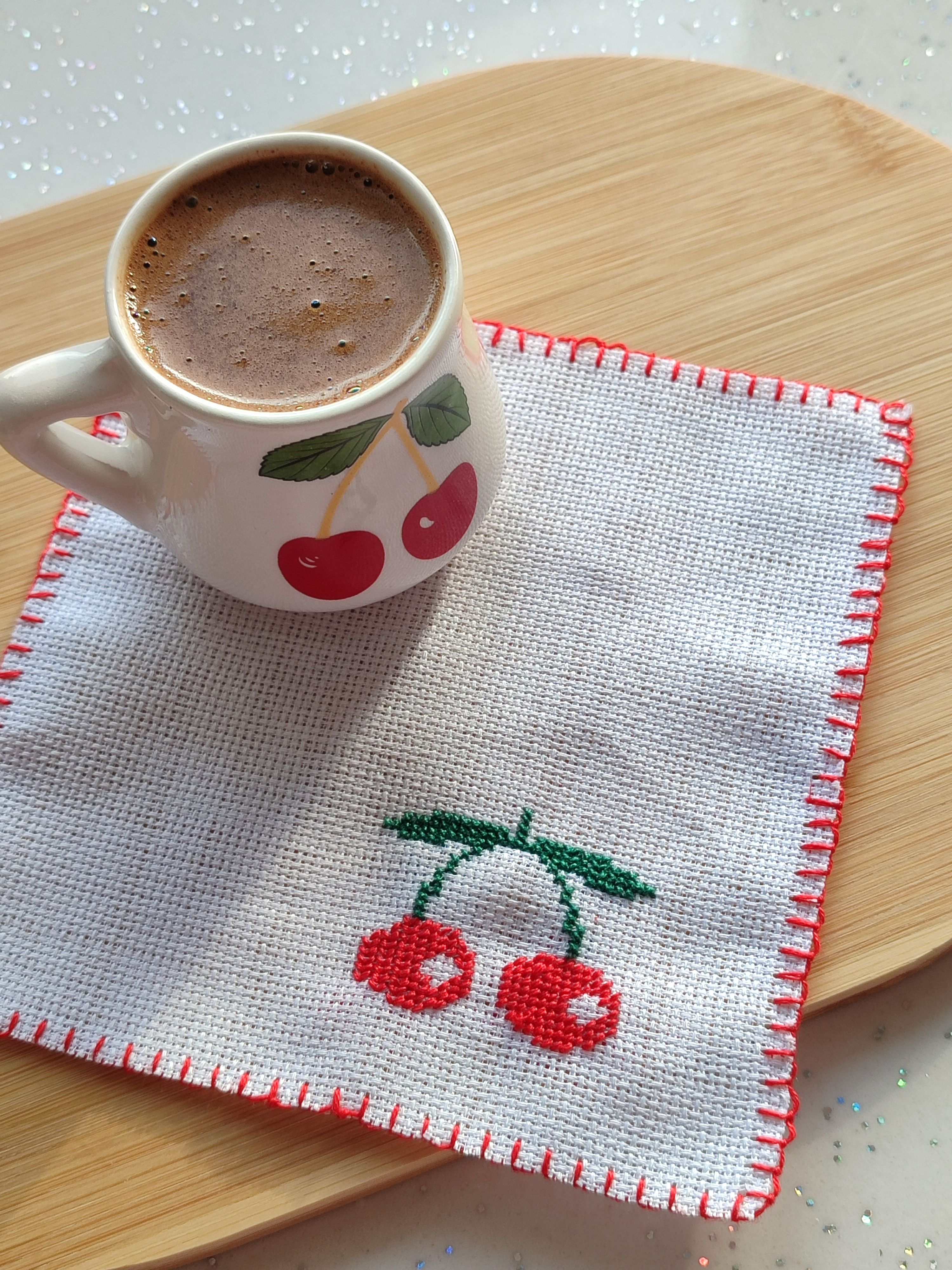 Cherry Embroidered Napkin with Coffee Cup · Free Stock Photo