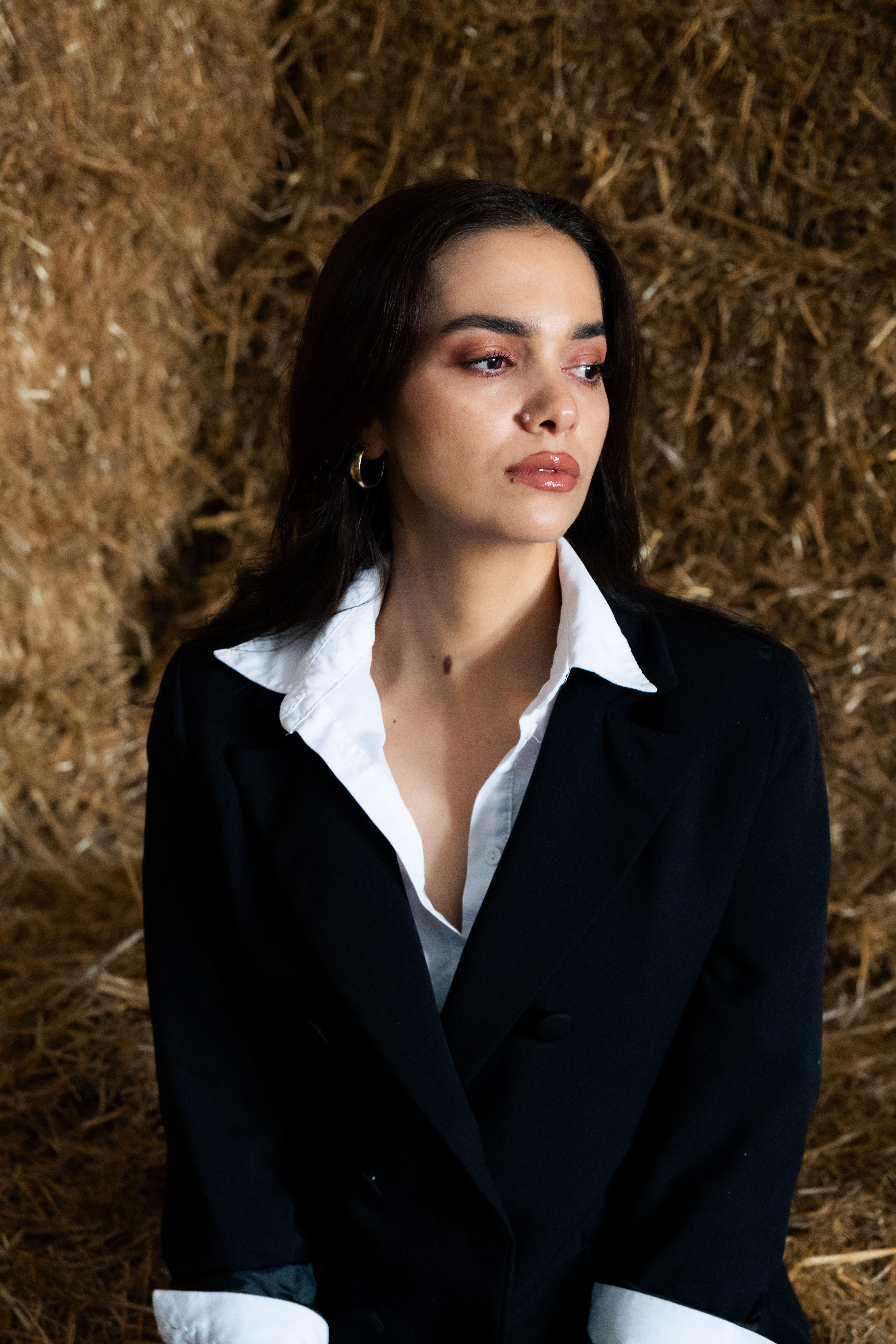 Elegant Woman Posing Against Straw Background · Free Stock Photo