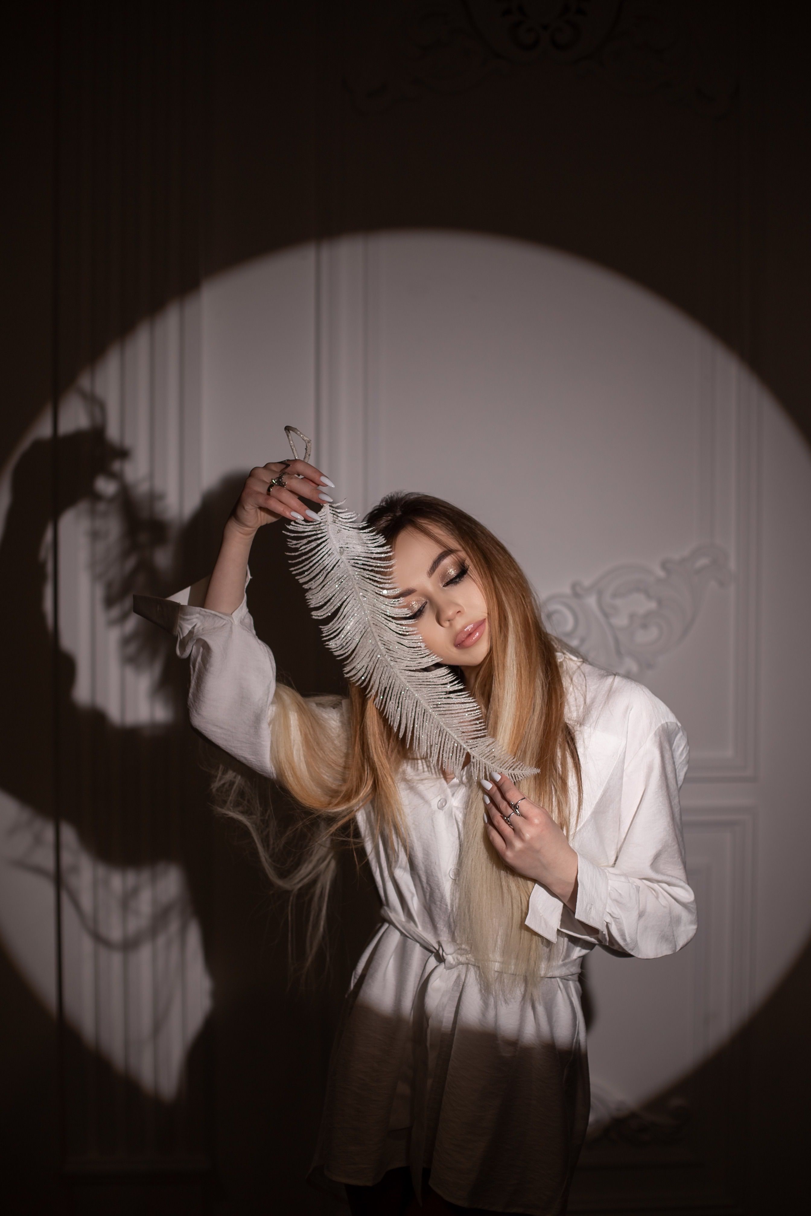 Elegant Woman Holding Feather in Dramatic Light · Free Stock Photo