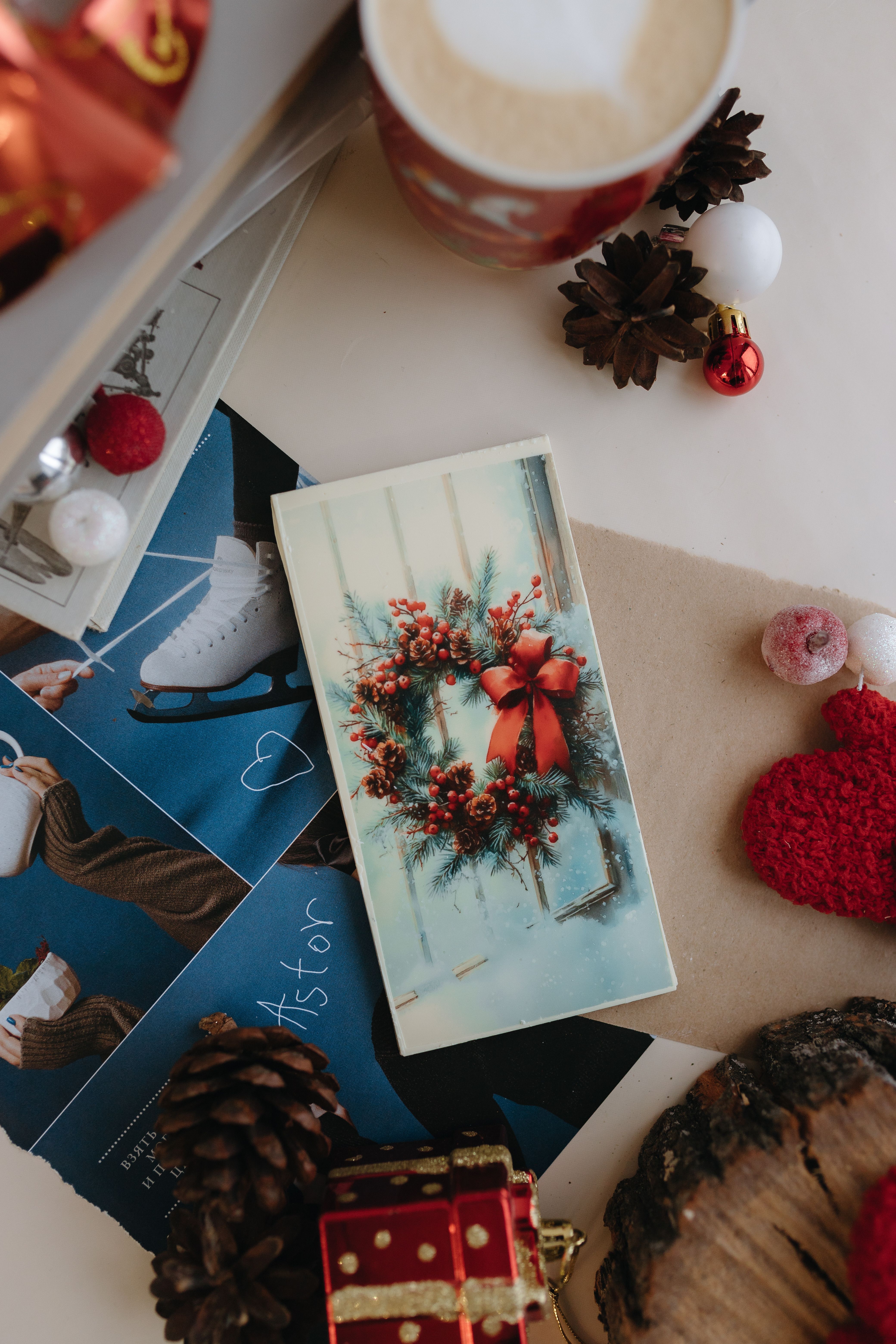 Festive Christmas Still Life with Wreath and Decorations · Free Stock Photo