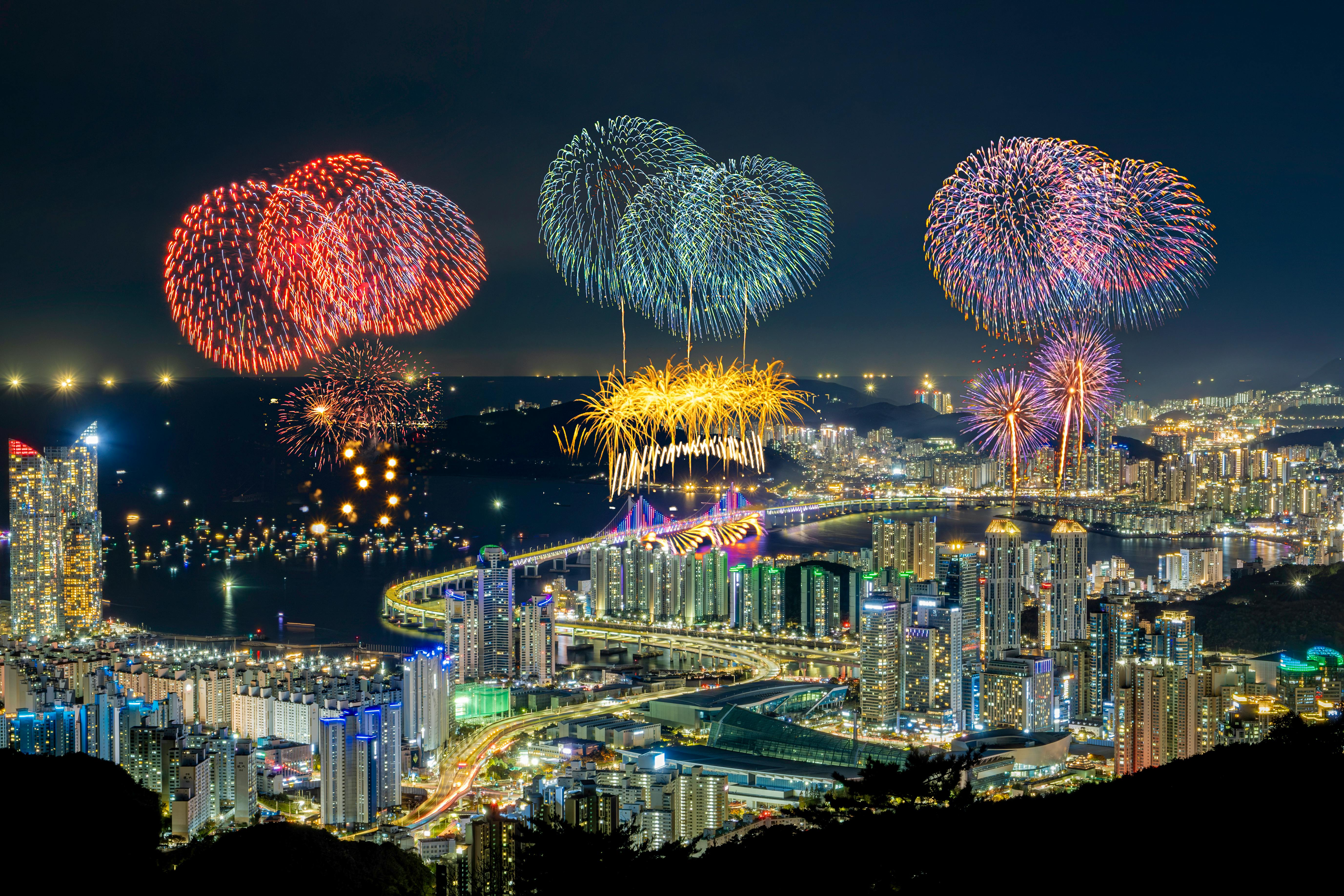 Spectacular Fireworks Over Busan Skyline at Night · Free Stock Photo