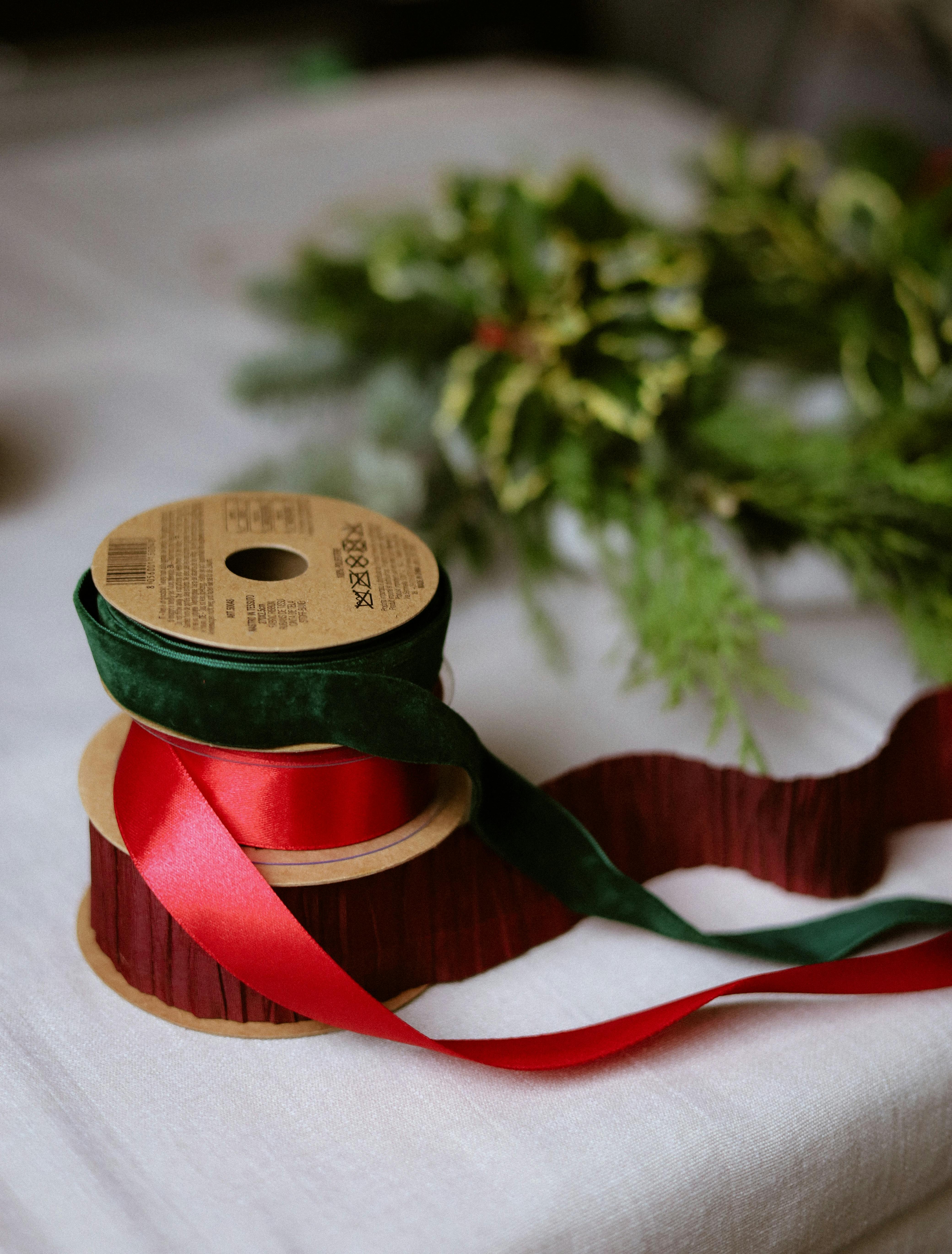 Festive Christmas Ribbon and Foliage Arrangement · Free Stock Photo