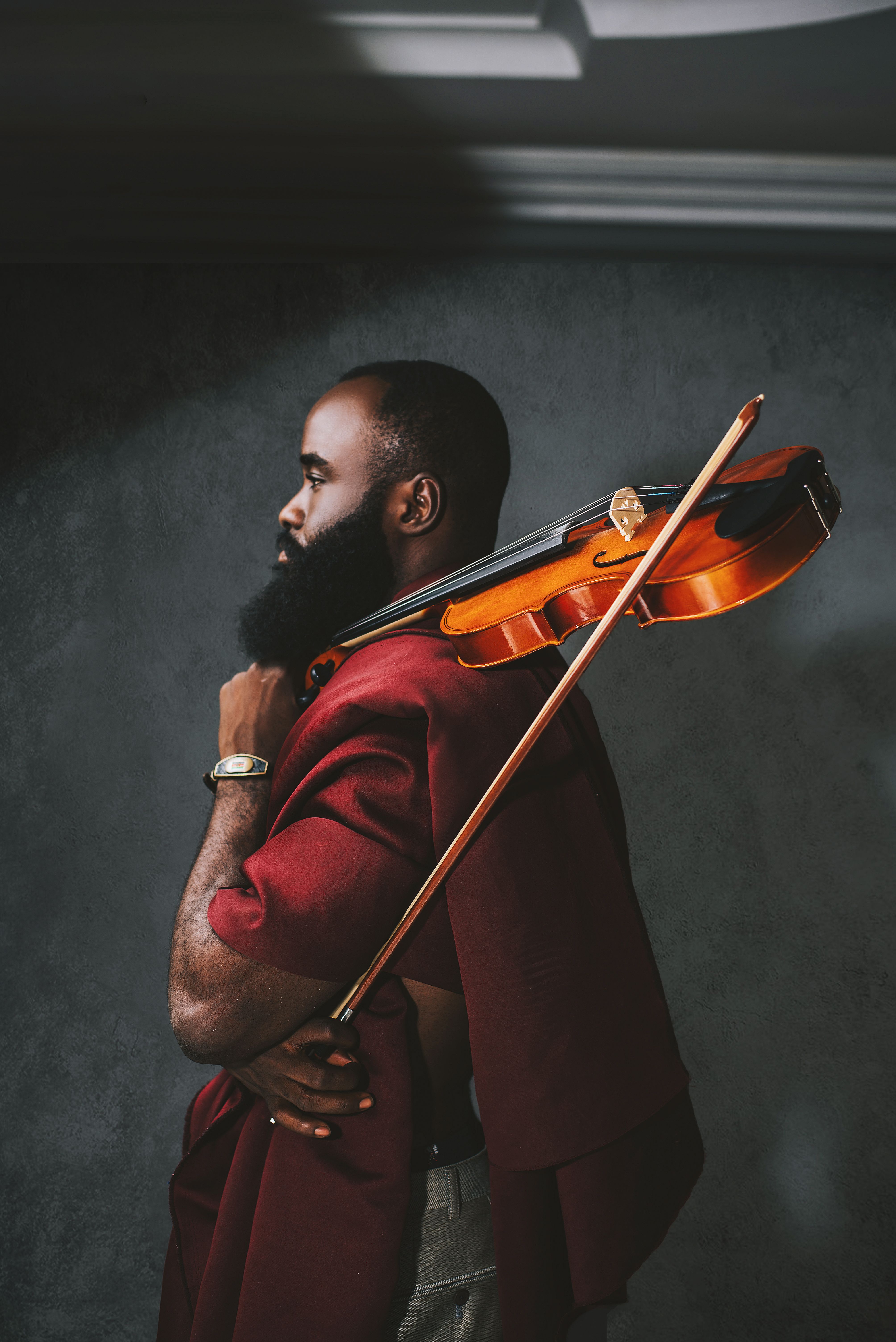 Elegant Portrait of Violinist in Red Attire · Free Stock Photo