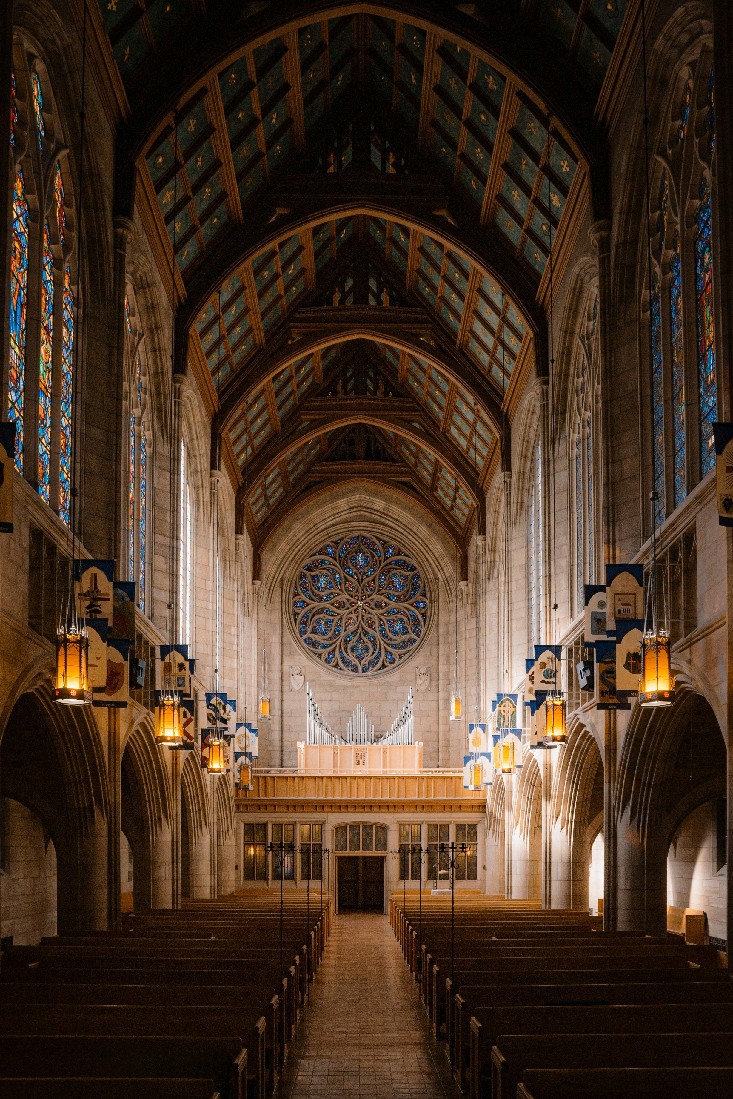 Grand Cathedral Interior with Stained Glass Windows · Free Stock Photo