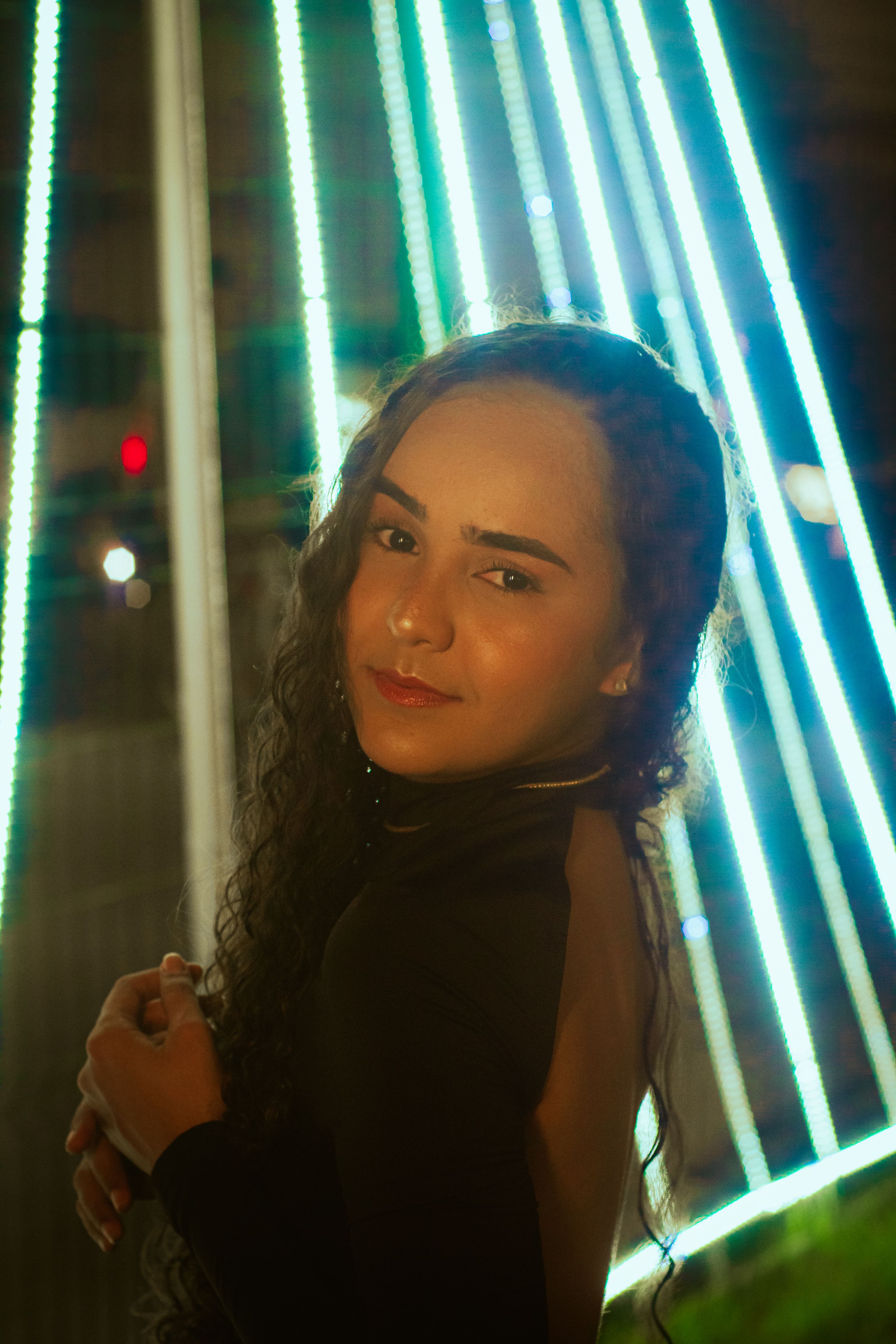 Enchanting Night Portrait with Neon Lights · Free Stock Photo