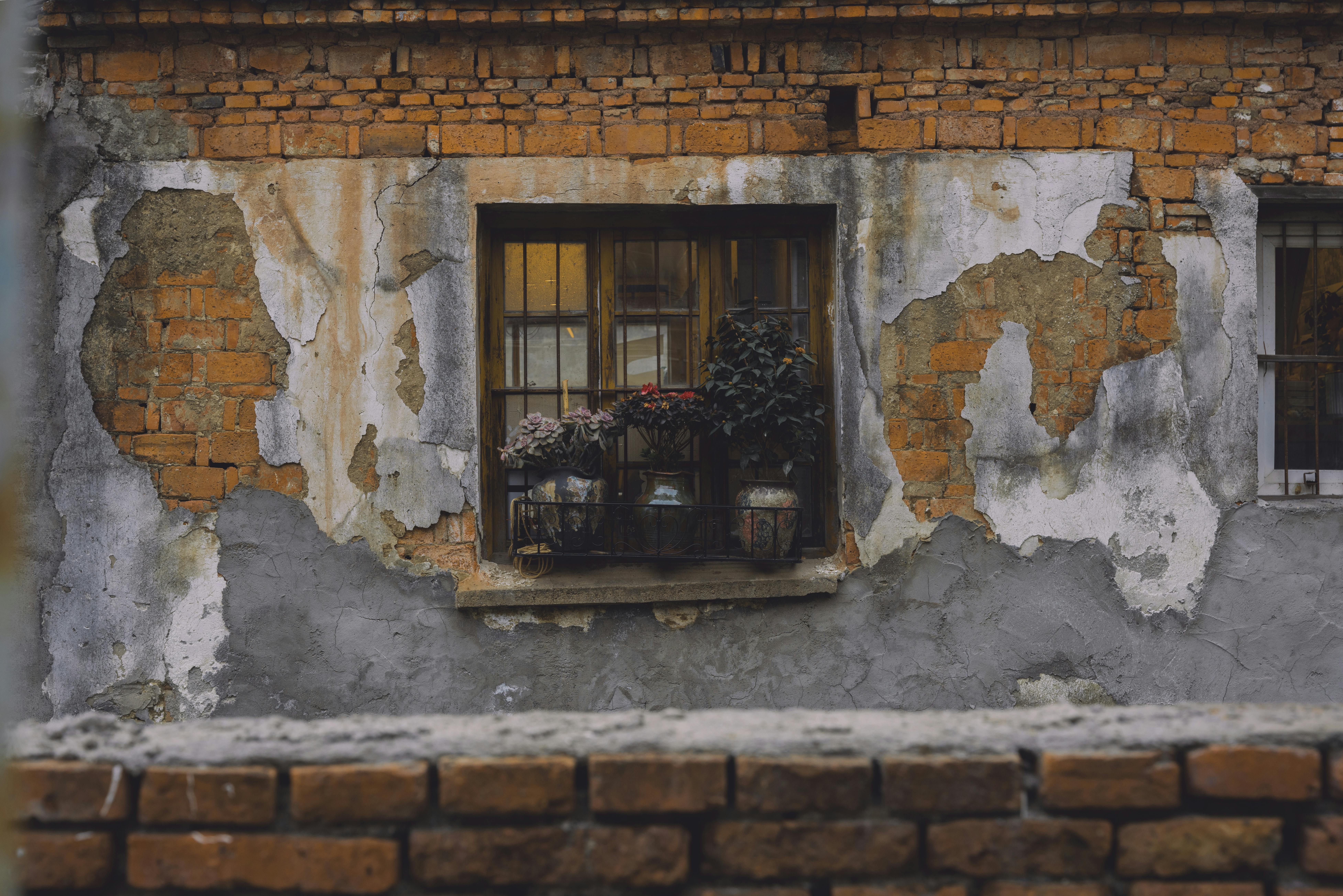 Rusty Brick Wall with Window and Flower Pots · Free Stock Photo