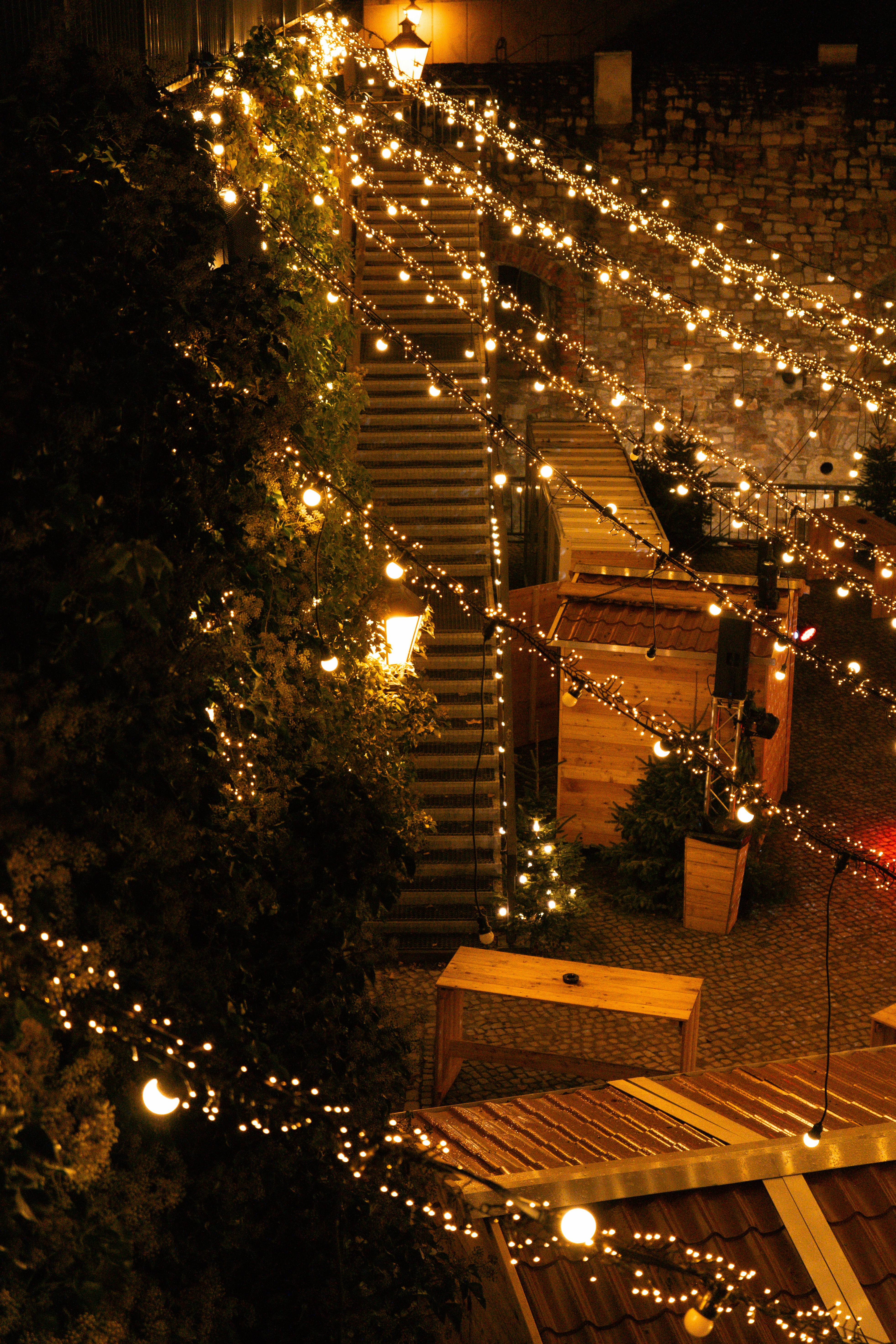 Outdoor Stairs with Twinkling String Lights at Night · Free Stock Photo