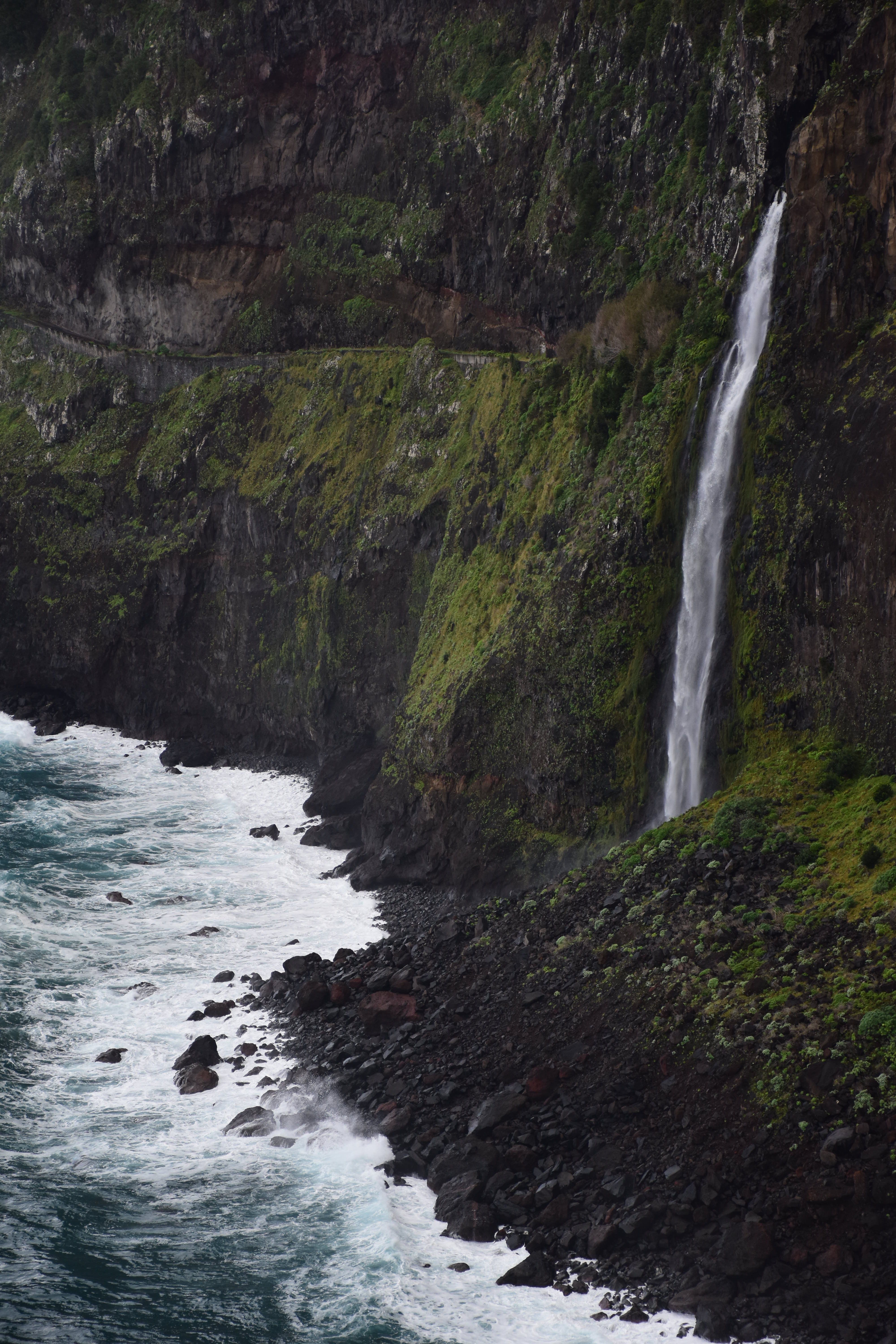 Stunning Waterfall Along Madeira's Rugged Coastline · Free Stock Photo
