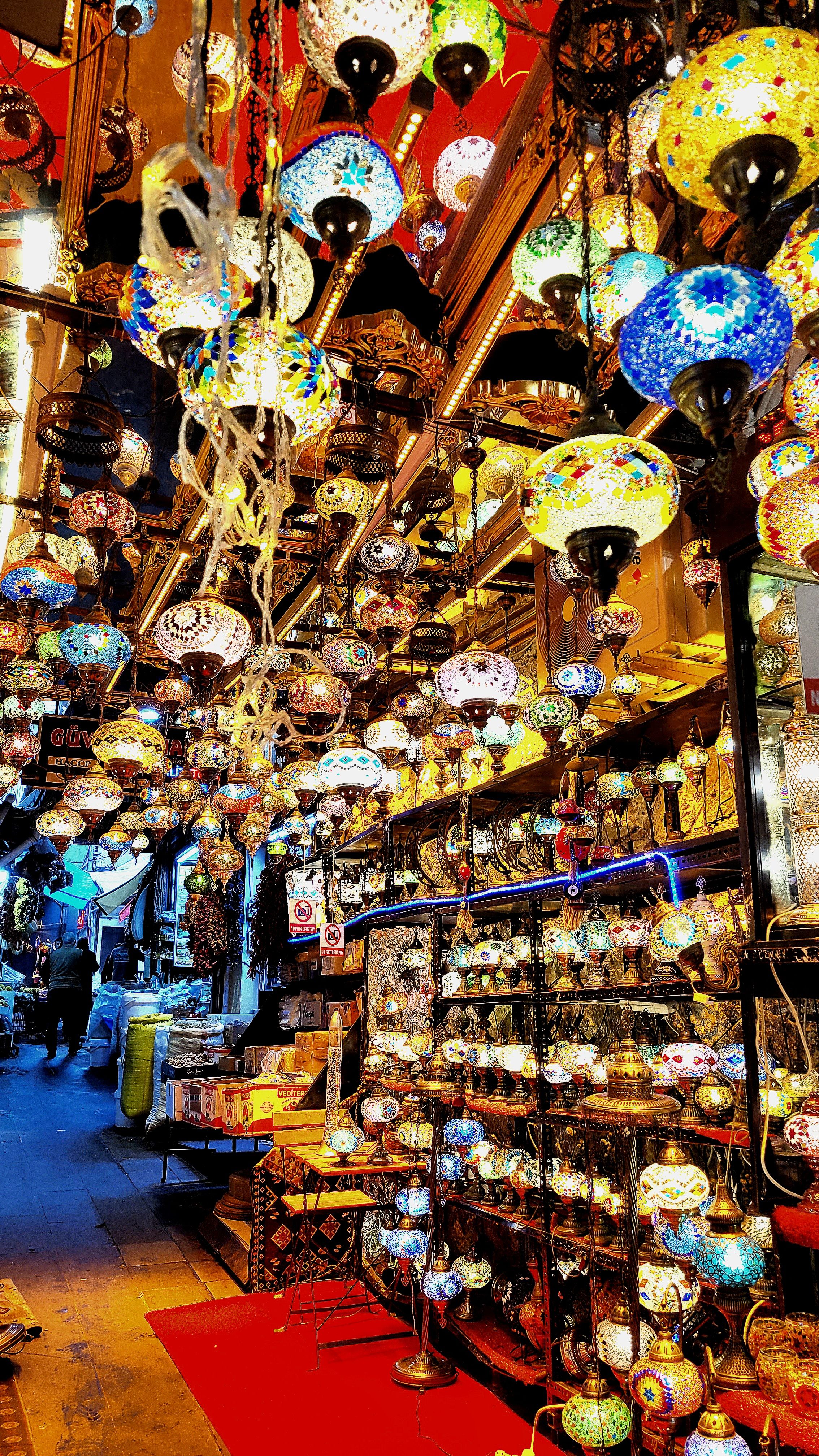 Vibrant Turkish Bazaar with Colorful Lamps · Free Stock Photo