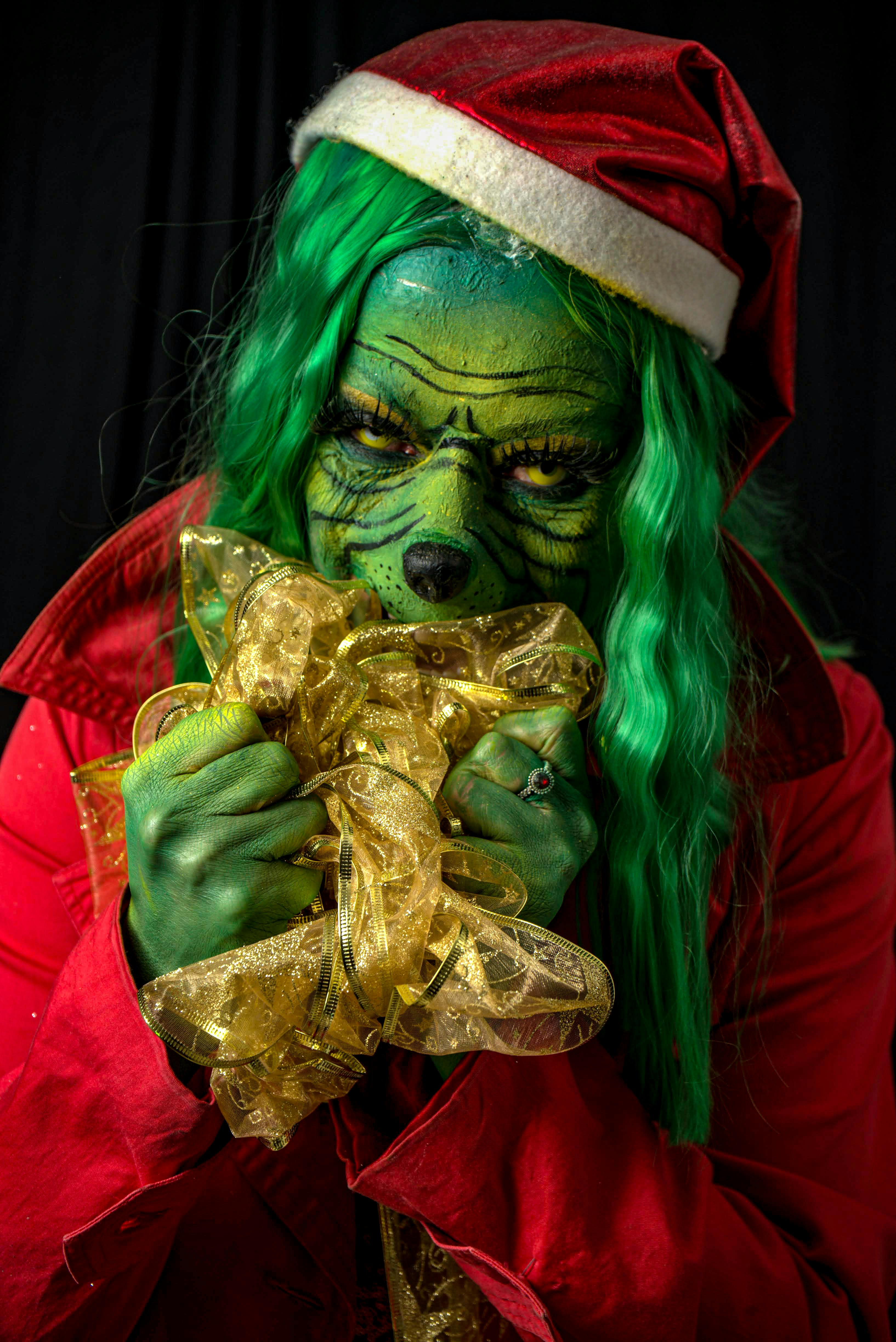 Festive Character Dressed as The Grinch with Santa Hat · Free Stock Photo
