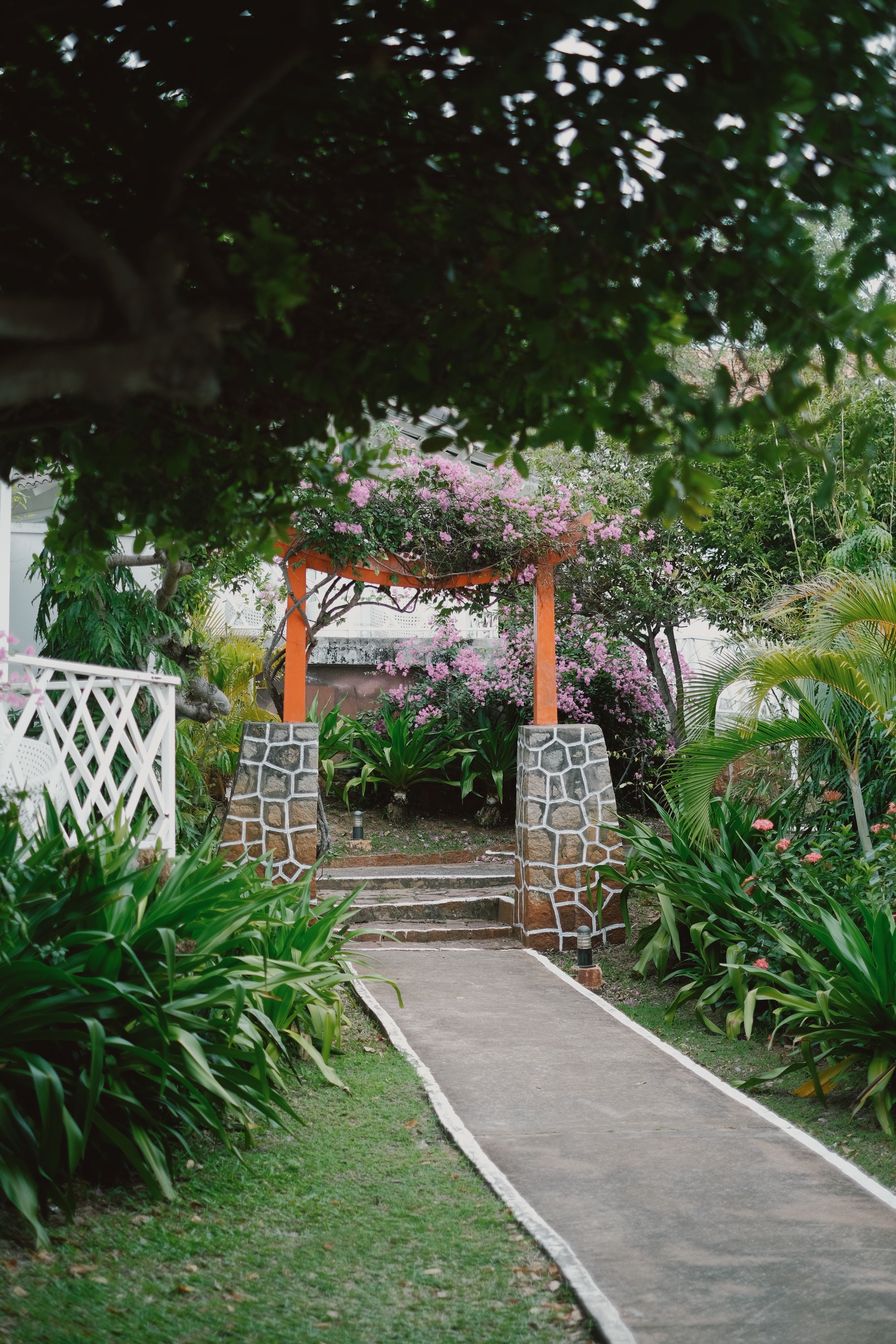 Tranquil Garden Pathway with Floral Arch · Free Stock Photo