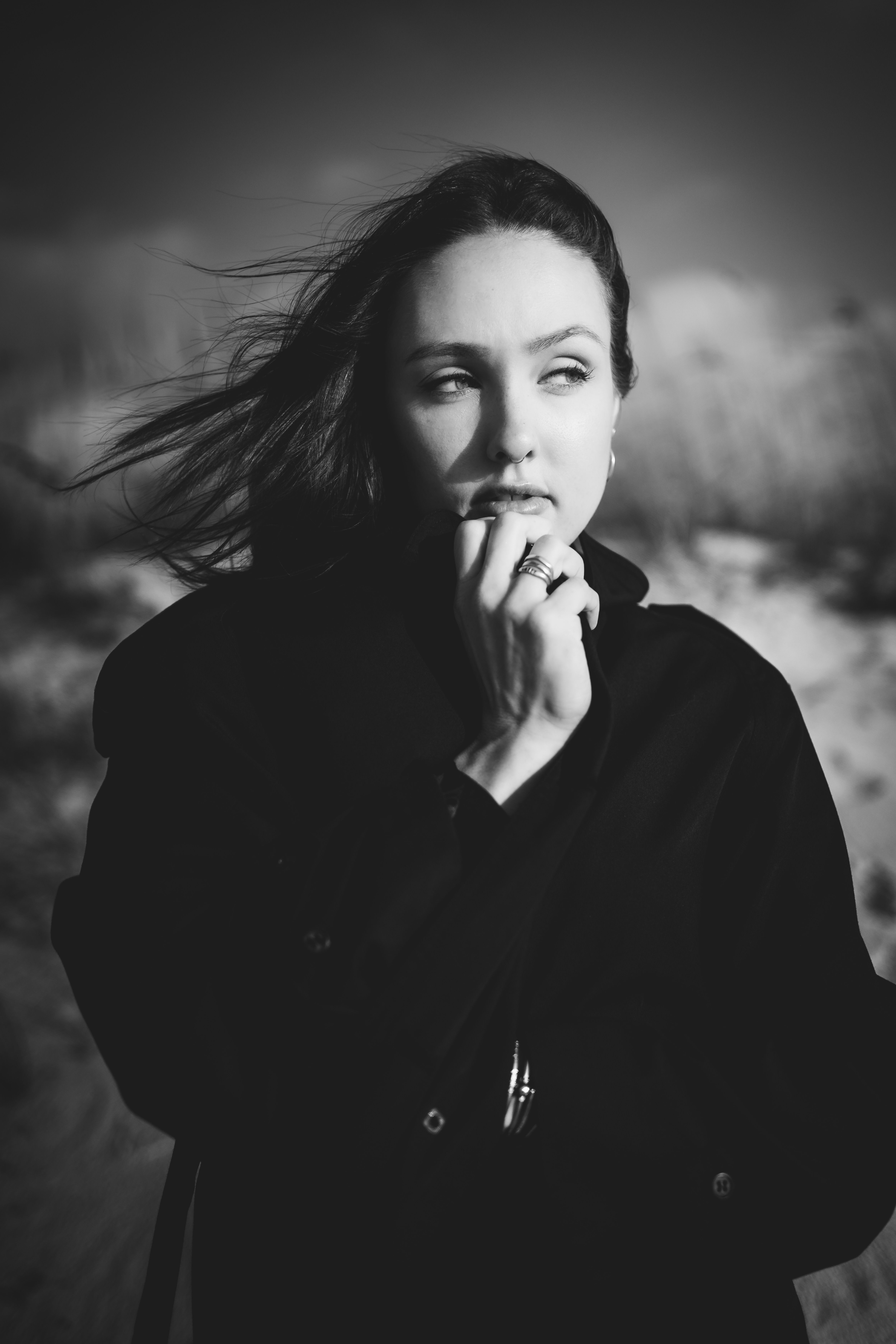 Moody Black and White Portrait with Wind · Free Stock Photo