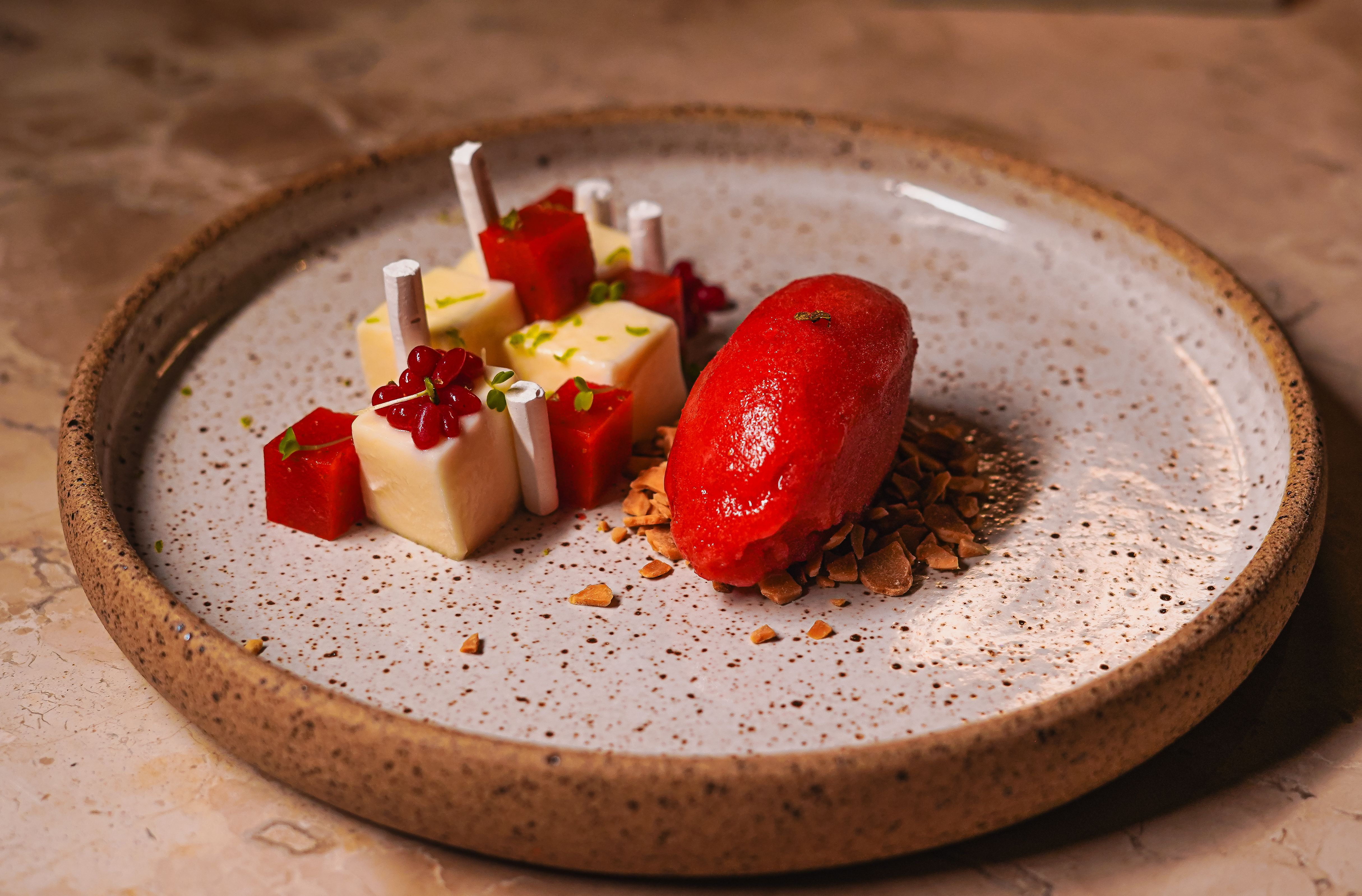 Gourmet Dessert Plating with Sorbet and Cream Cubes · Free Stock Photo