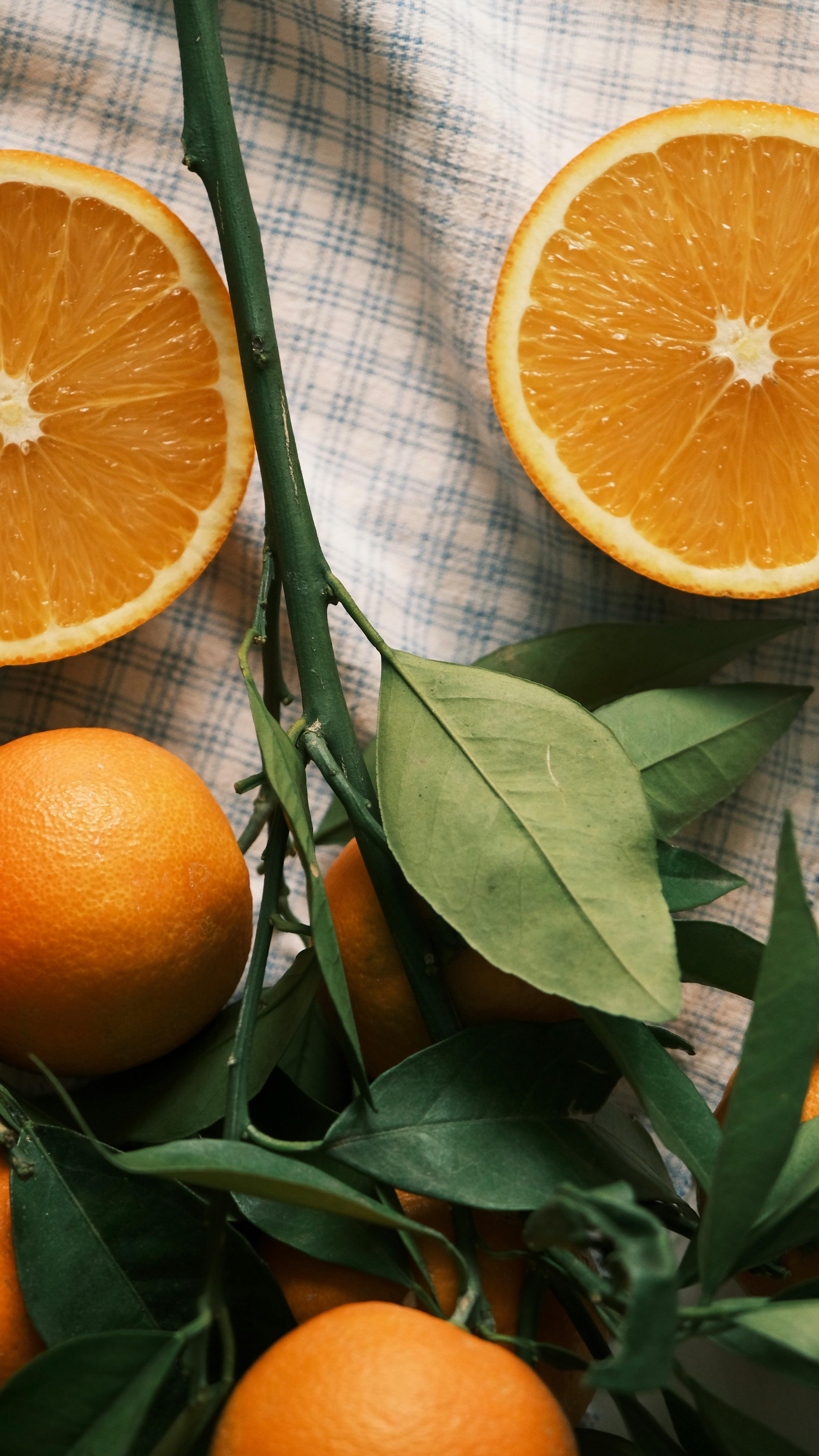 Jeruk Segar Dengan Daun Hijau Pada Kain Bermotif · Foto Stok Gratis