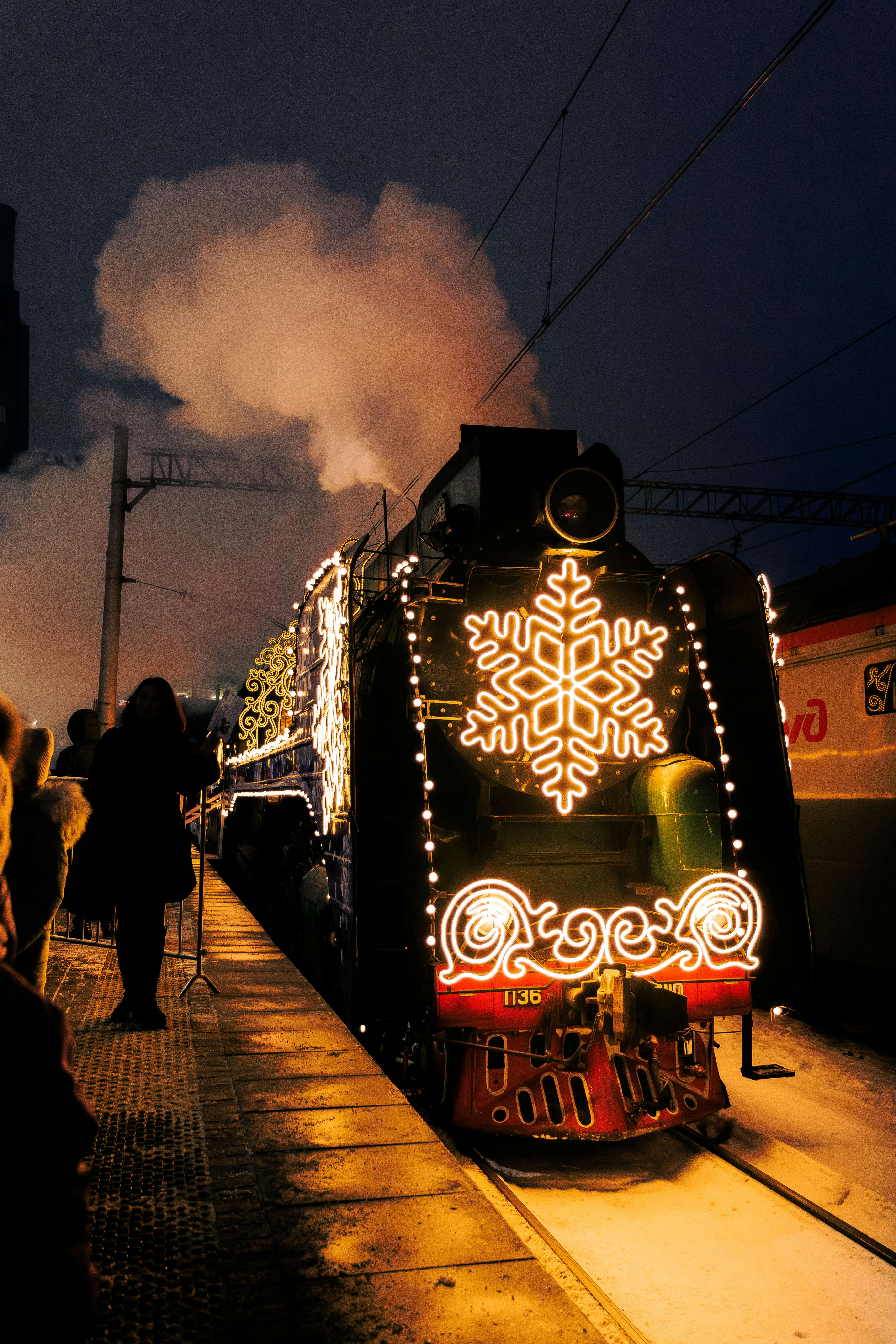 Illuminated Steam Train at Night in Winter · Free Stock Photo