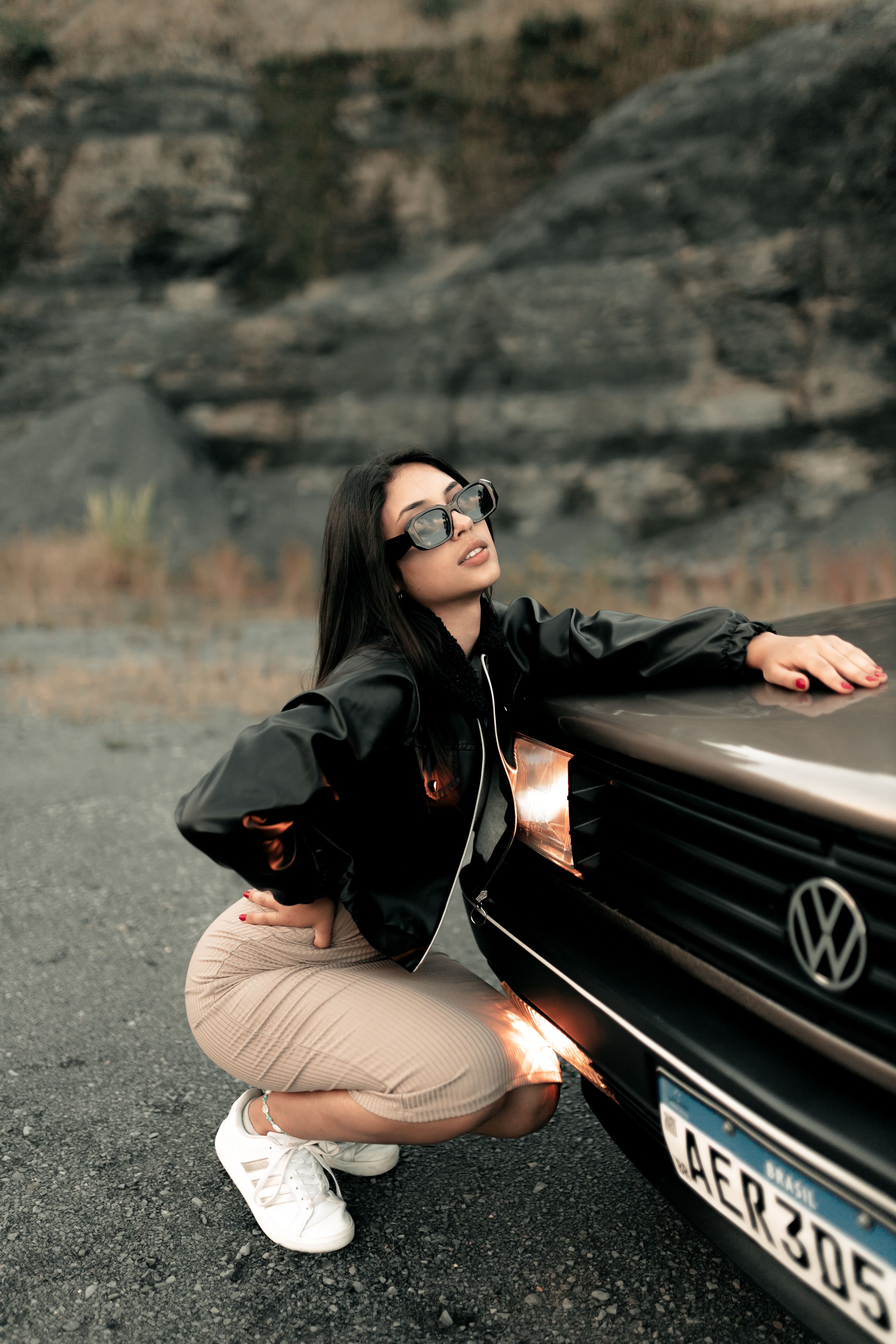 Stylish Woman Posing by Vintage Car Outdoors · Free Stock Photo