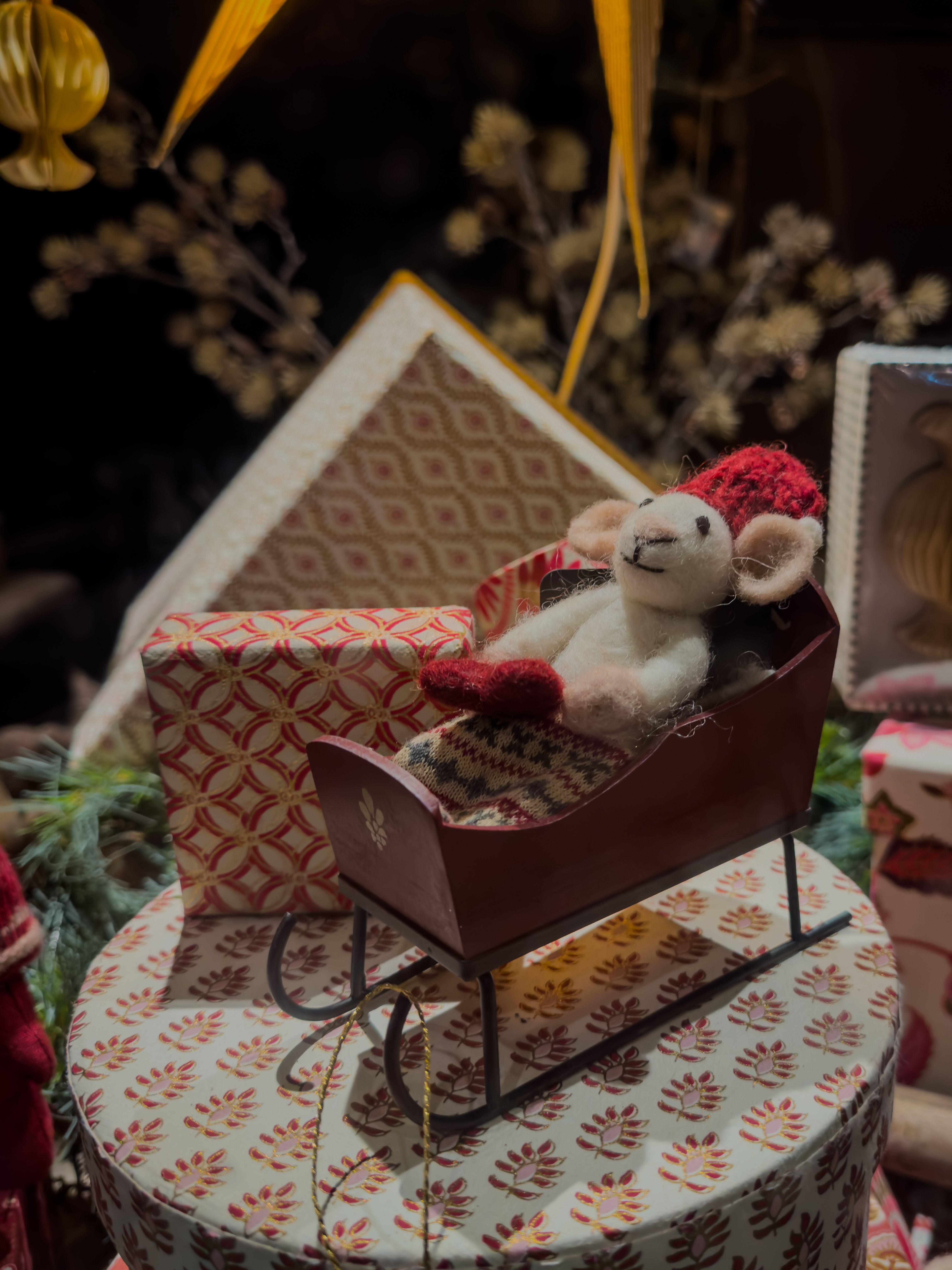 Festive Decorative Mouse in Vintage Sled · Free Stock Photo