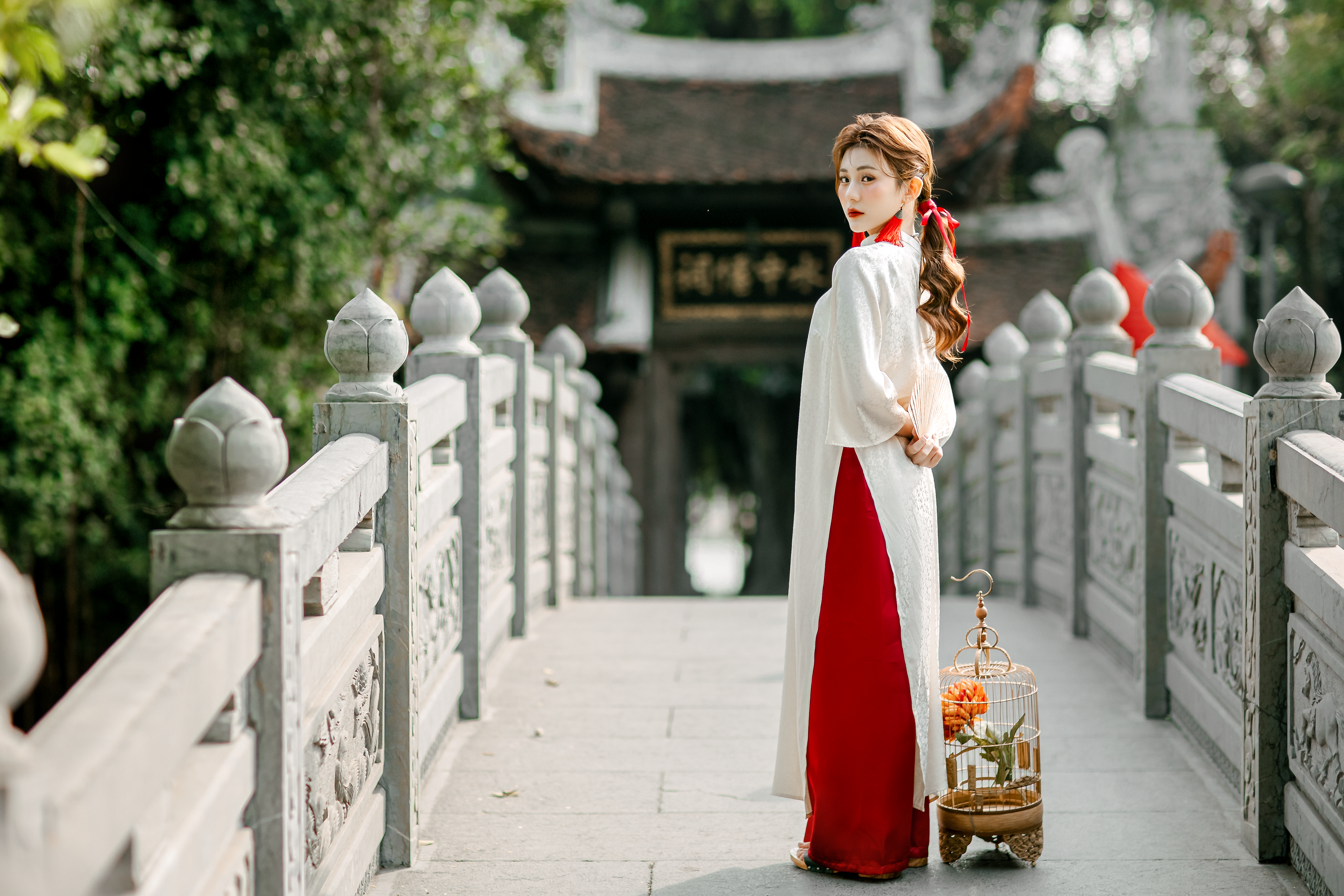 Woman in Traditional Dress on Stone Bridge · Free Stock Photo