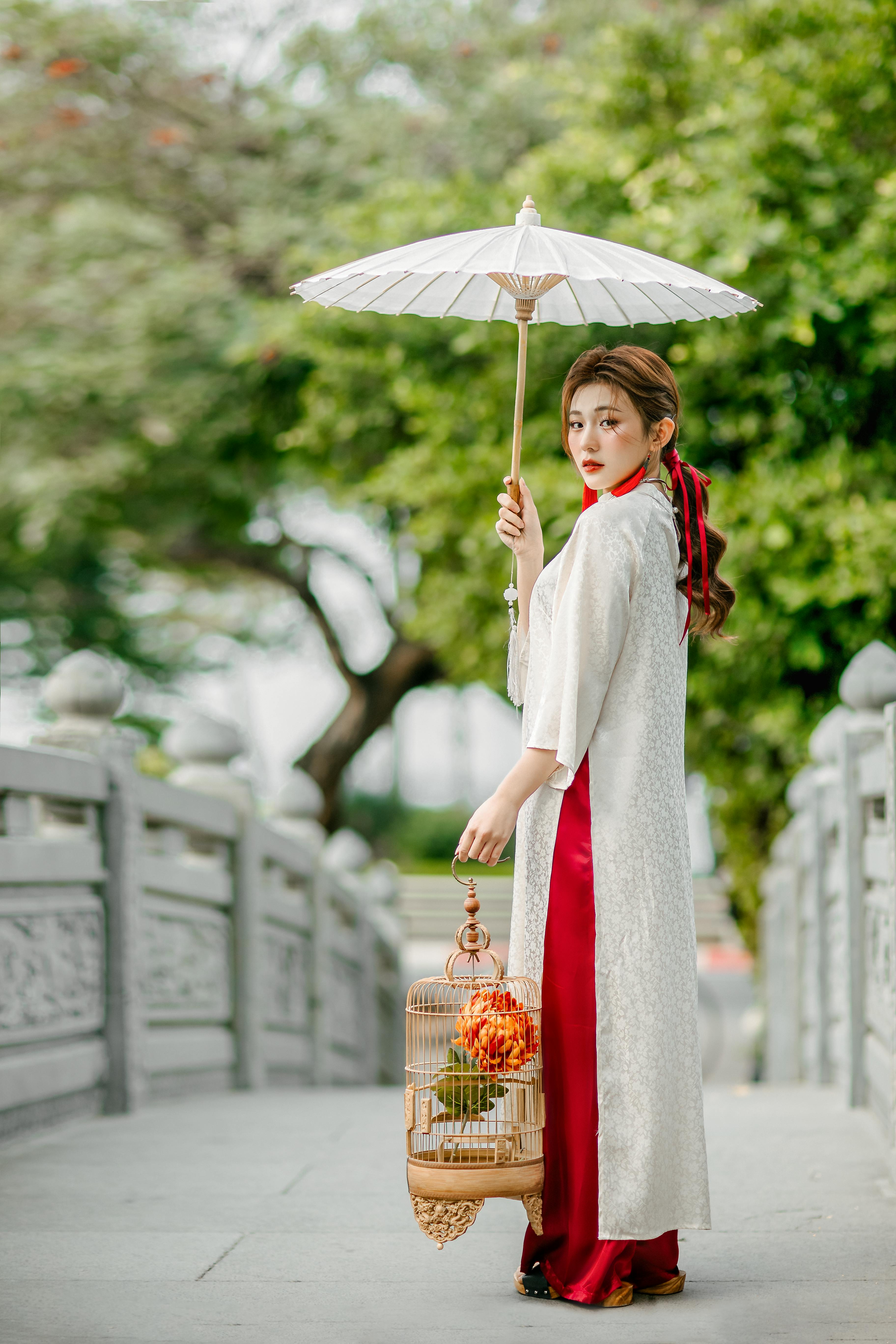 Elegant Woman with Umbrella and Birdcage on Bridge · Free Stock Photo