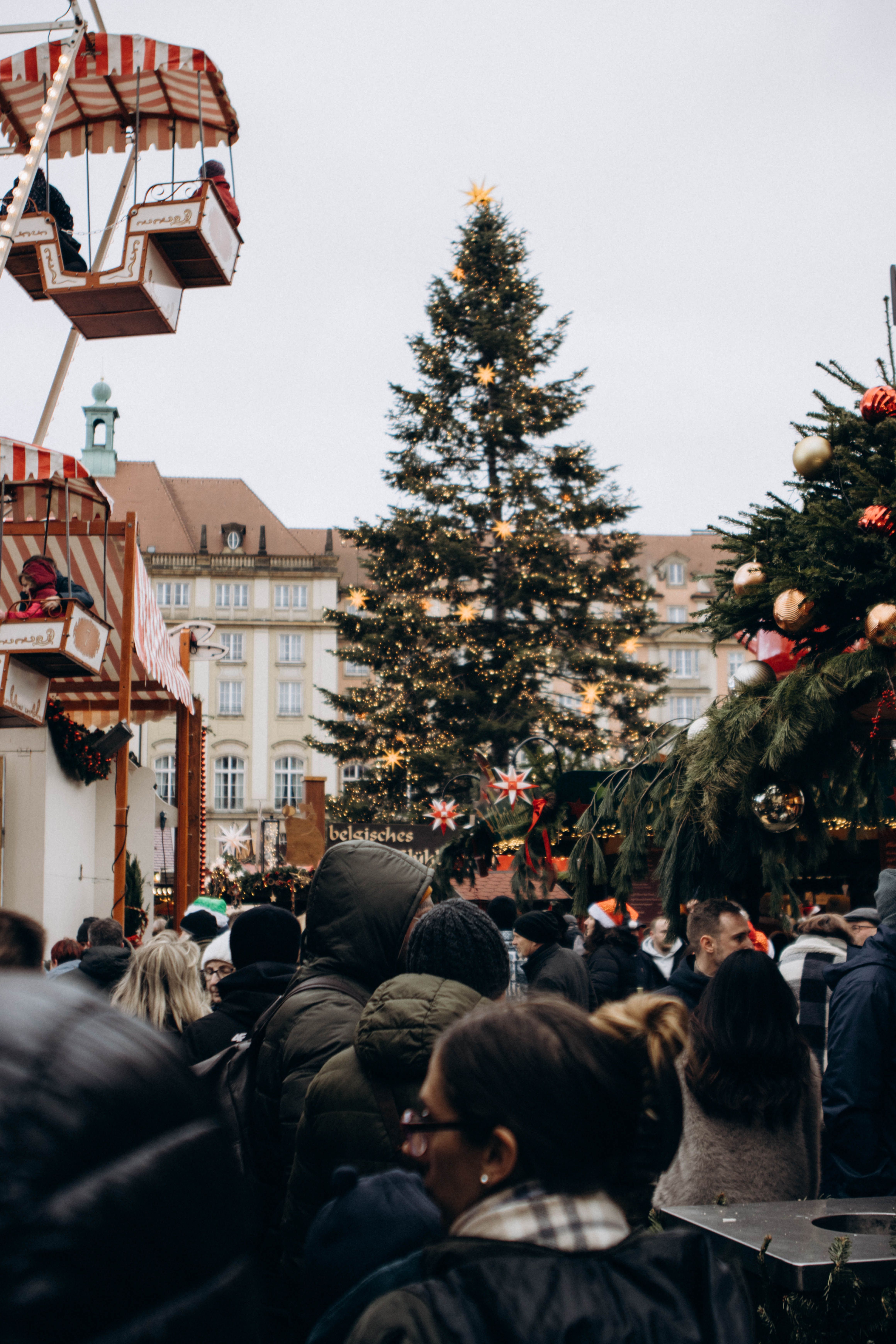 Festive Christmas Market with Decorated Tree · Free Stock Photo