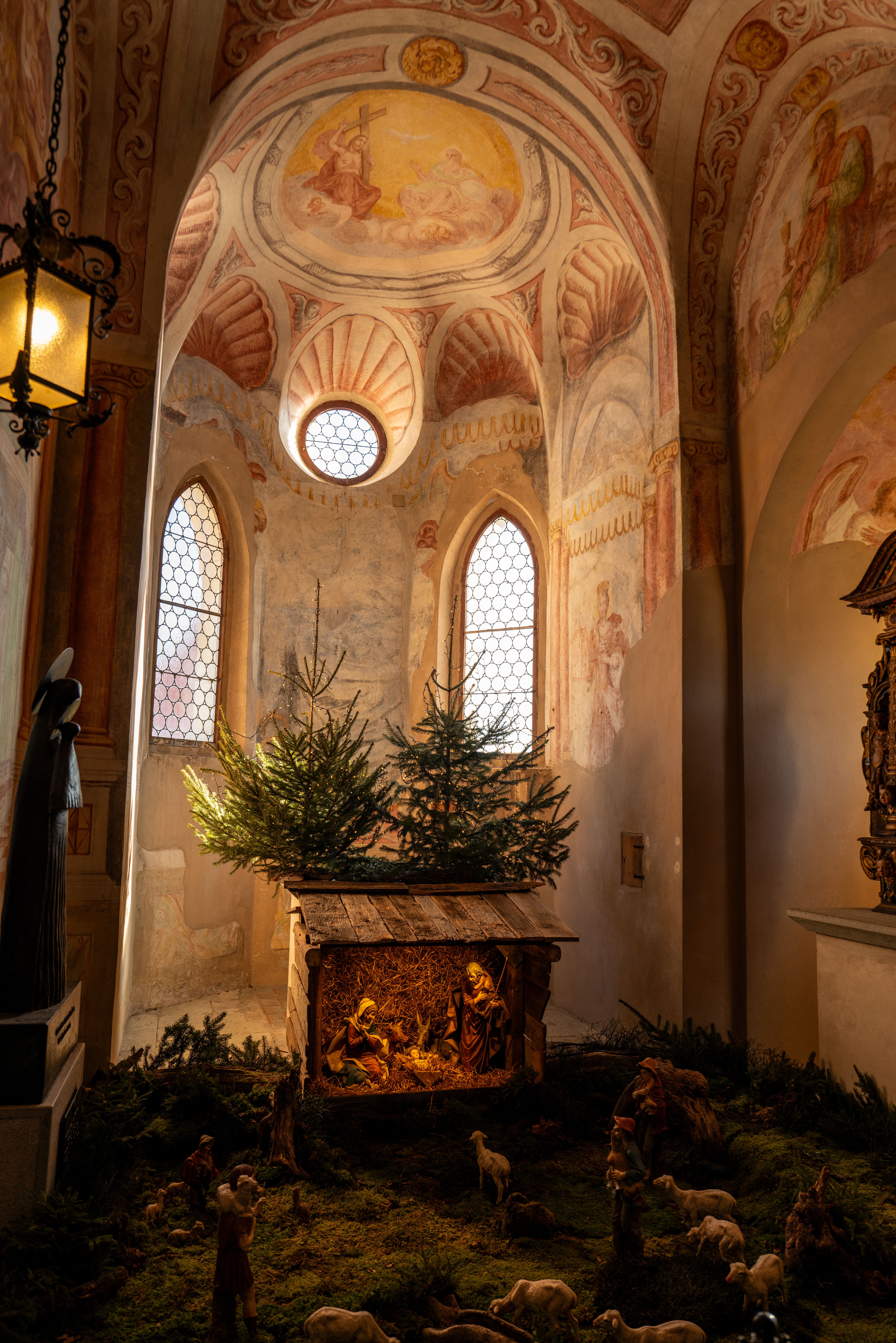 Gothic Church Interior with Nativity Scene Display · Free Stock Photo