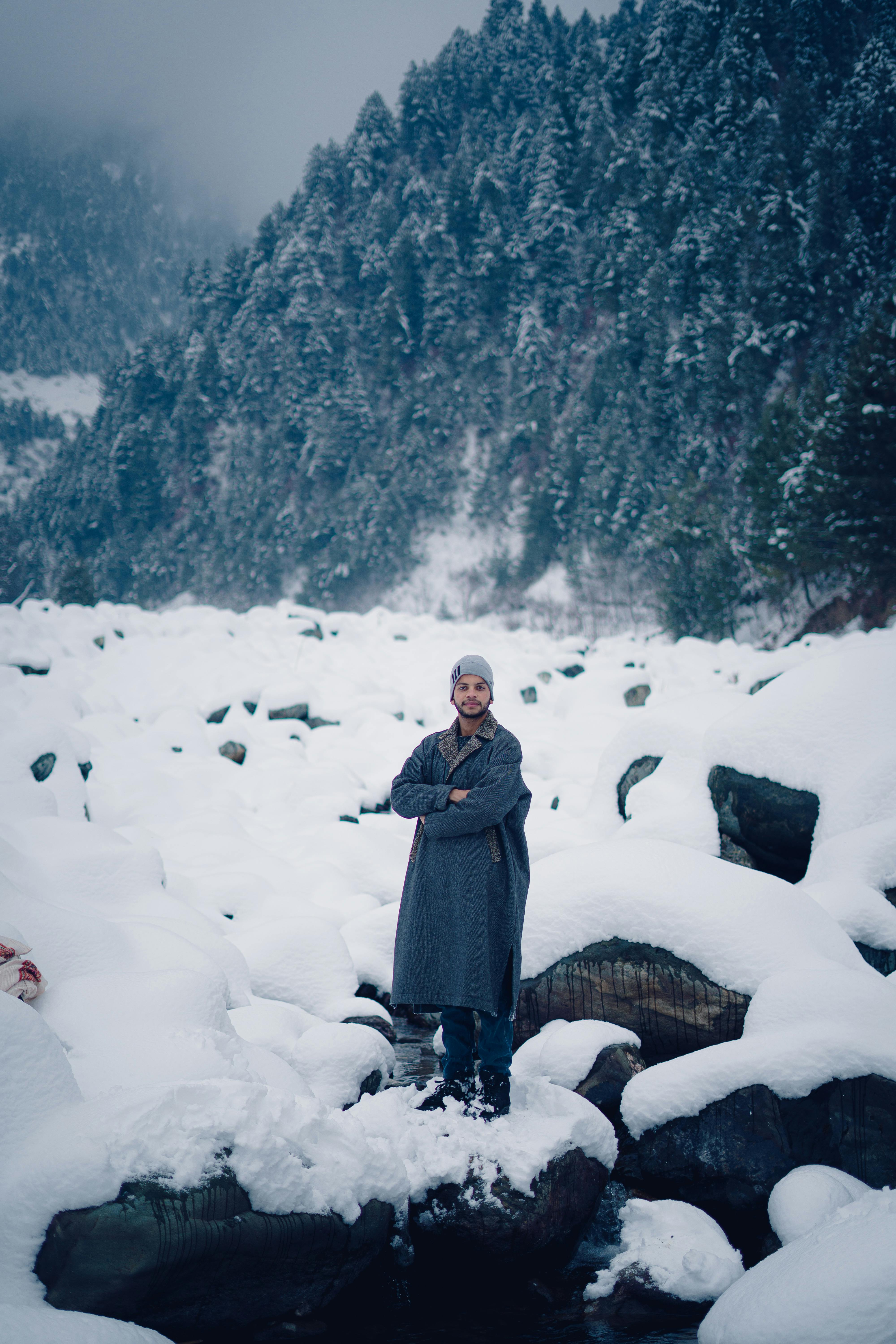 Man Standing in Snowy Landscape with Dense Pine Trees · Free Stock Photo