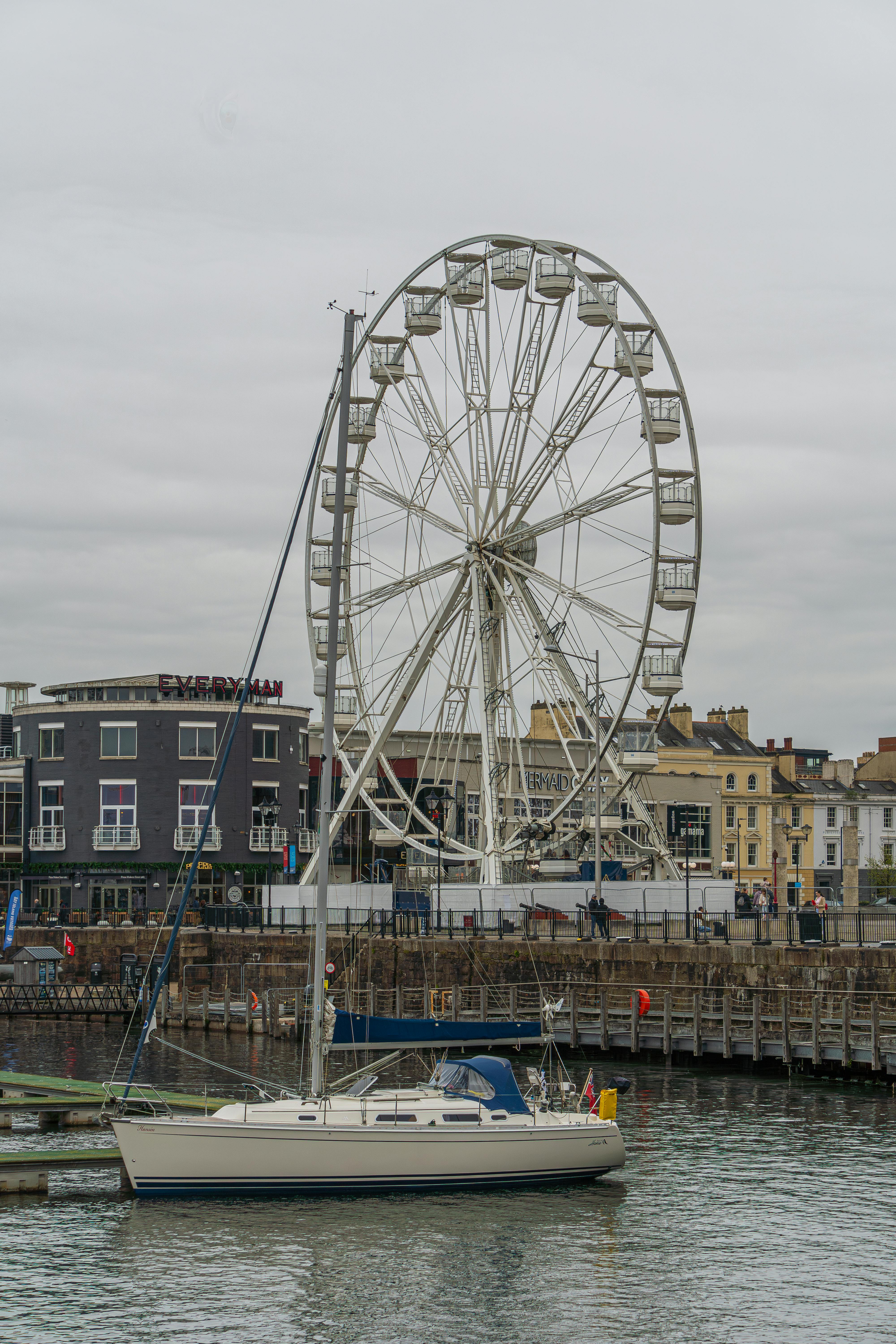 Sailboat by Ferris Wheel in Cardiff Bay · Free Stock Photo