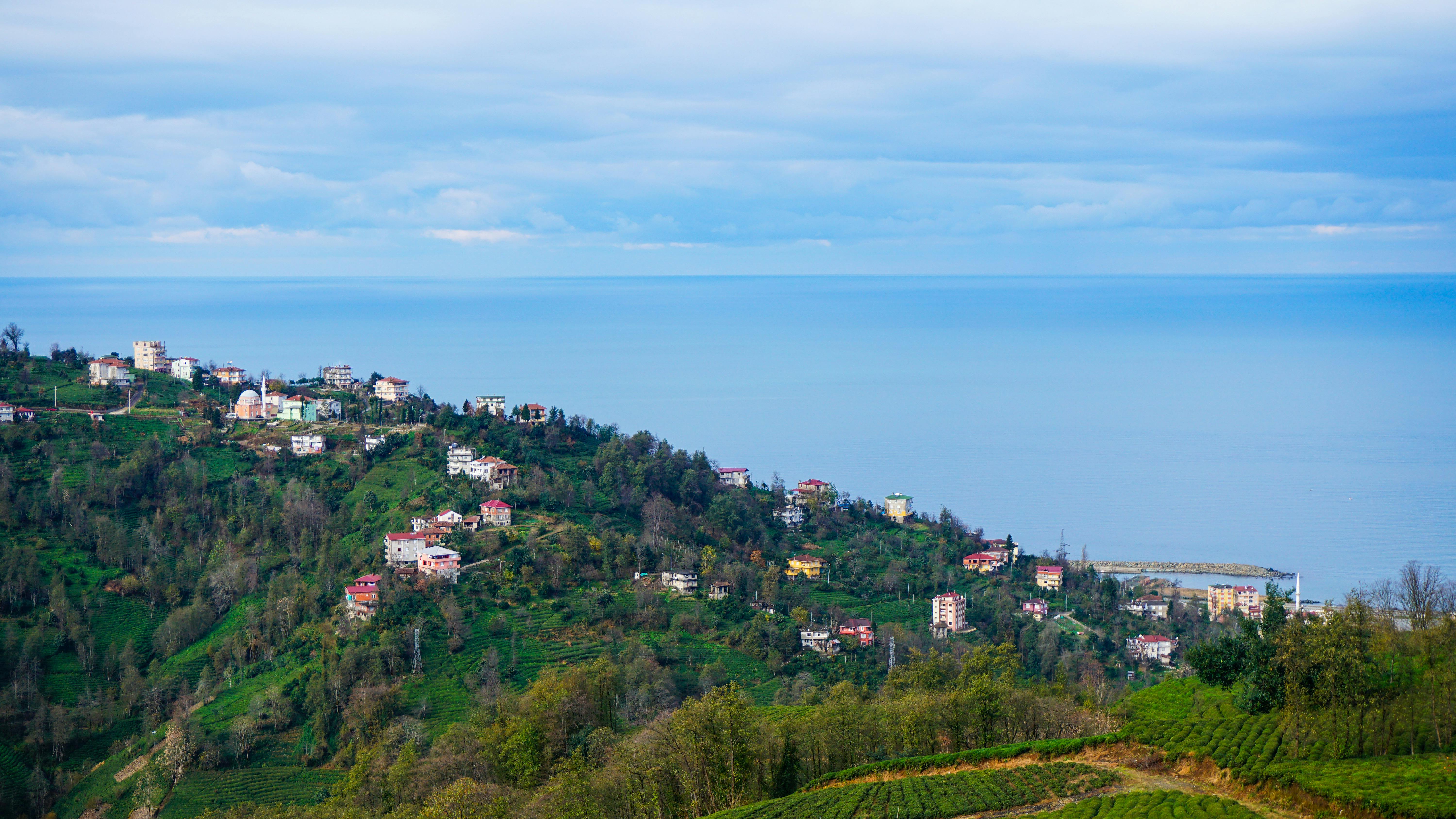 Scenic Hillside Village Overlooking the Sea · Free Stock Photo