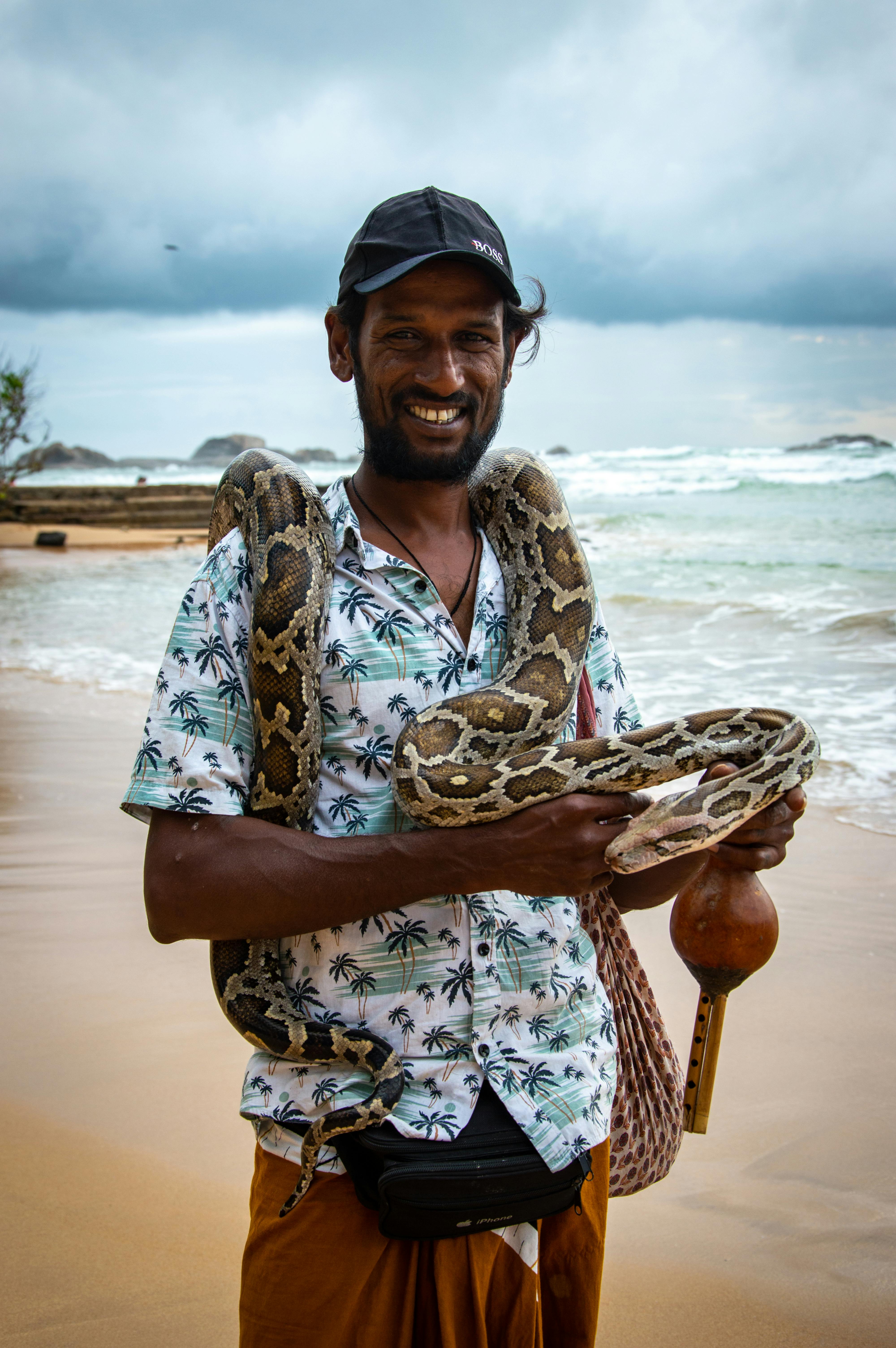 Man Holding Python on Tropical Beach · Free Stock Photo